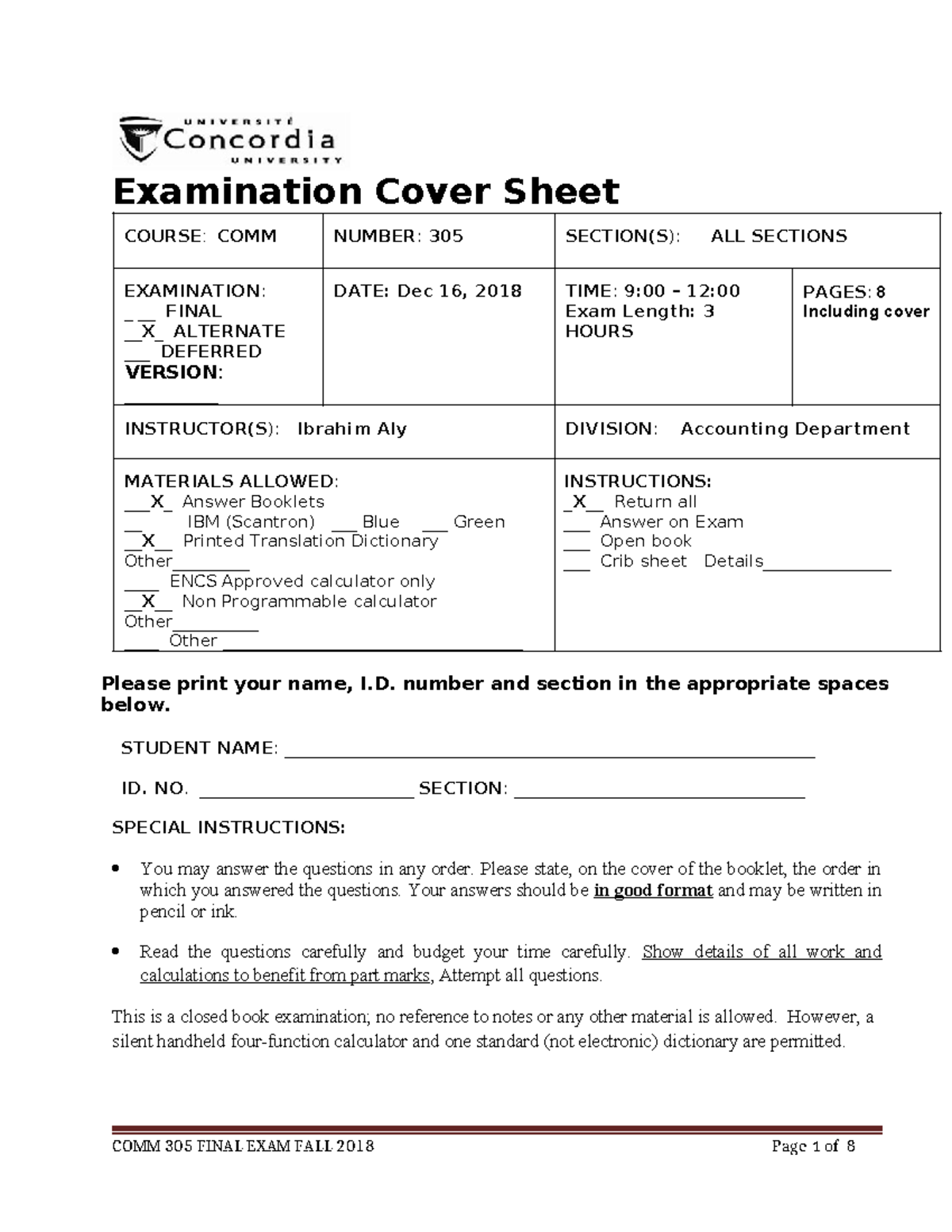 Final EXAM with solution - Examination Cover Sheet COURSE: COMM NUMBER ...