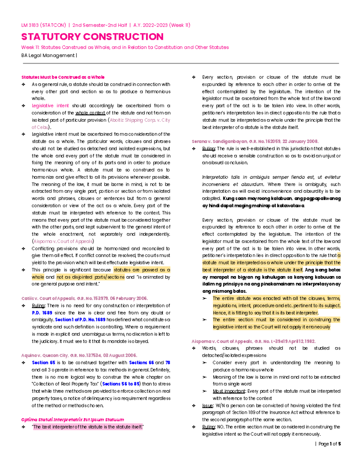 Statcon Reviewer Week 11 - STATUTORY CONSTRUCTION Week 11: Statutes ...