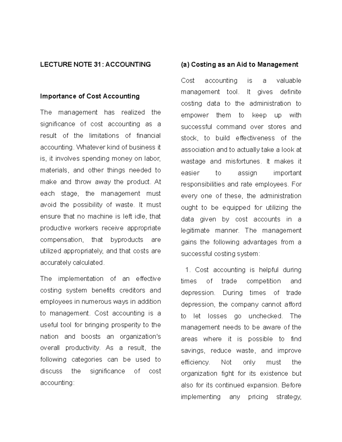 Lecture Note 31 Accounting - LECTURE NOTE 31: ACCOUNTING Importance of ...