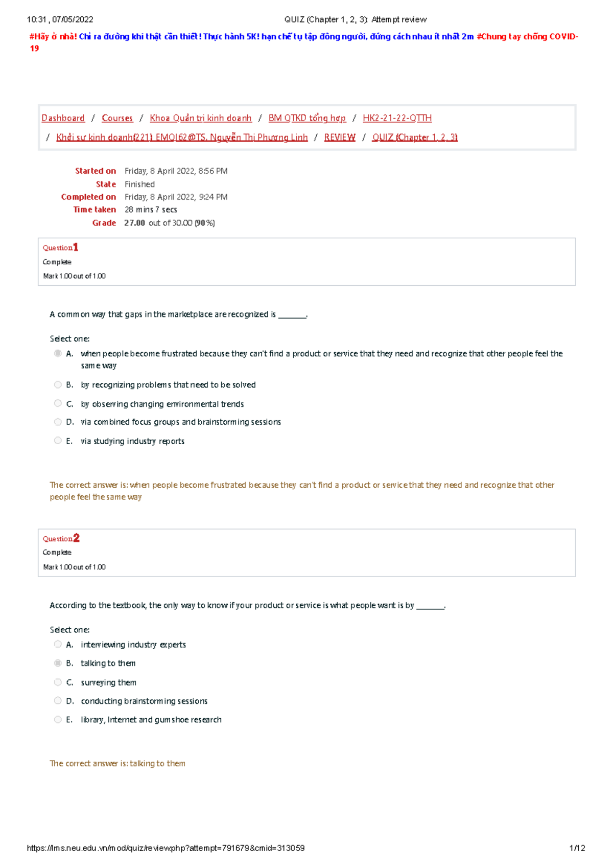 QUIZ (Chapter 1, 2, 3) Attempt review - #Hãy ở nhà! Chỉ ra đường khi ...