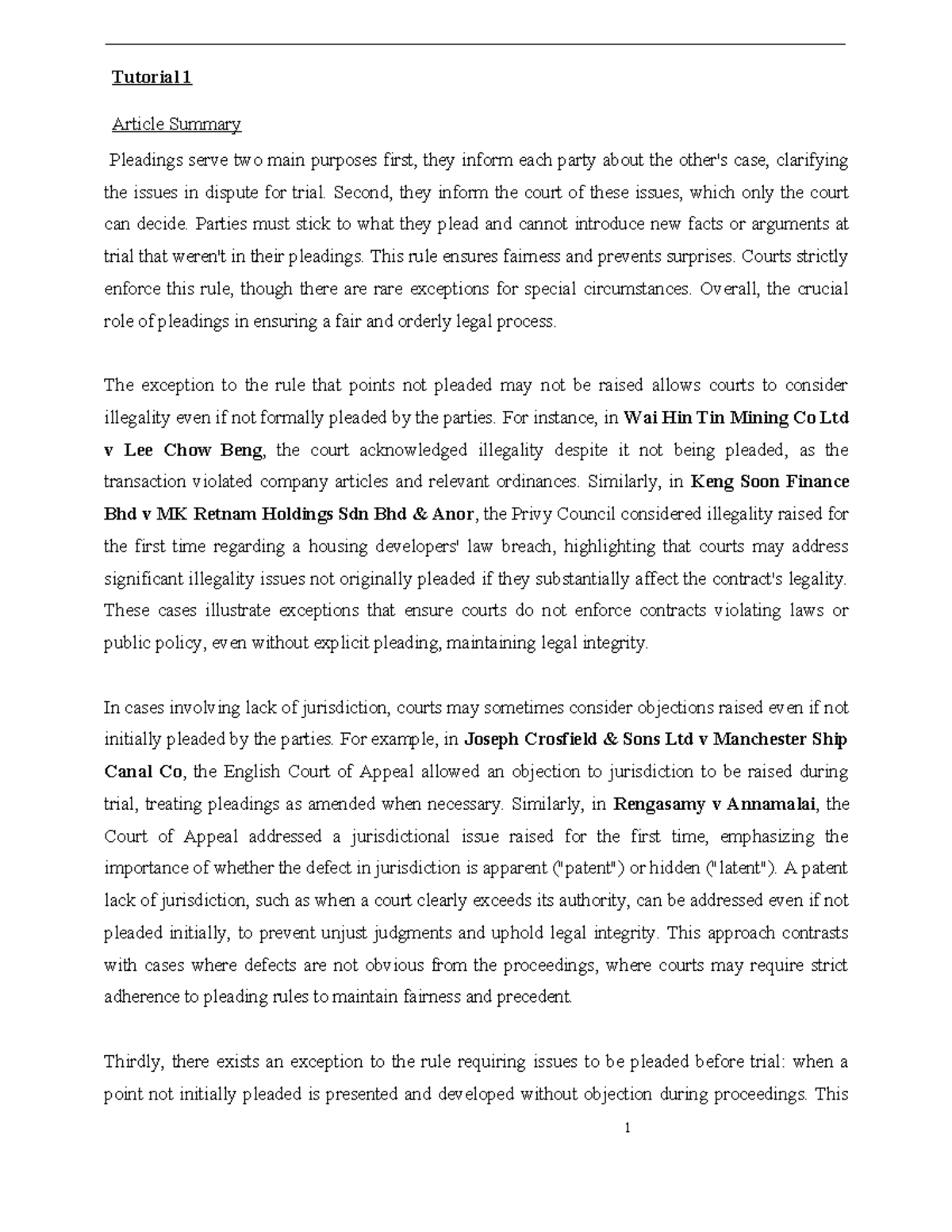 Tutorial 1 - 1 Tutorial 1 Article Summary Pleadings serve two main ...