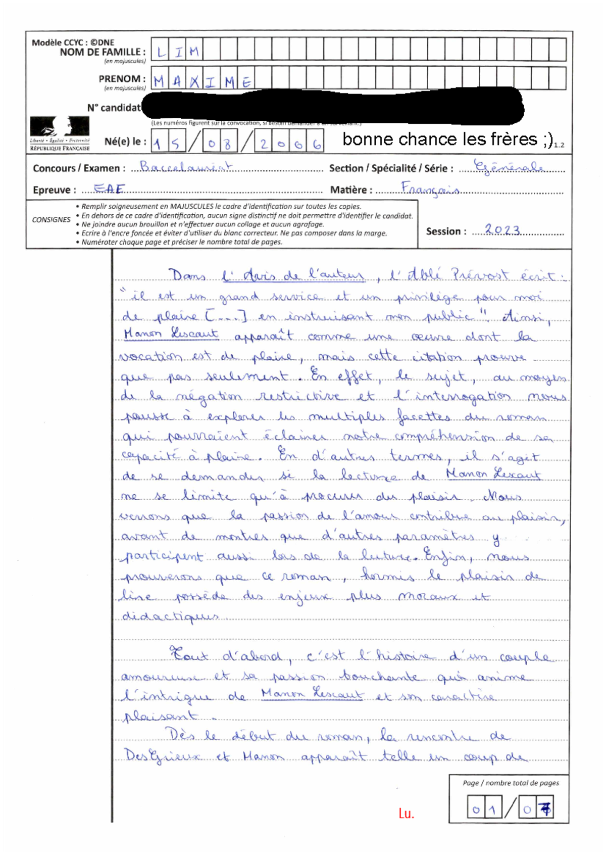 Copie de français - 19/20 sur Manon Lescaut Youtube : Lim Maxime ...