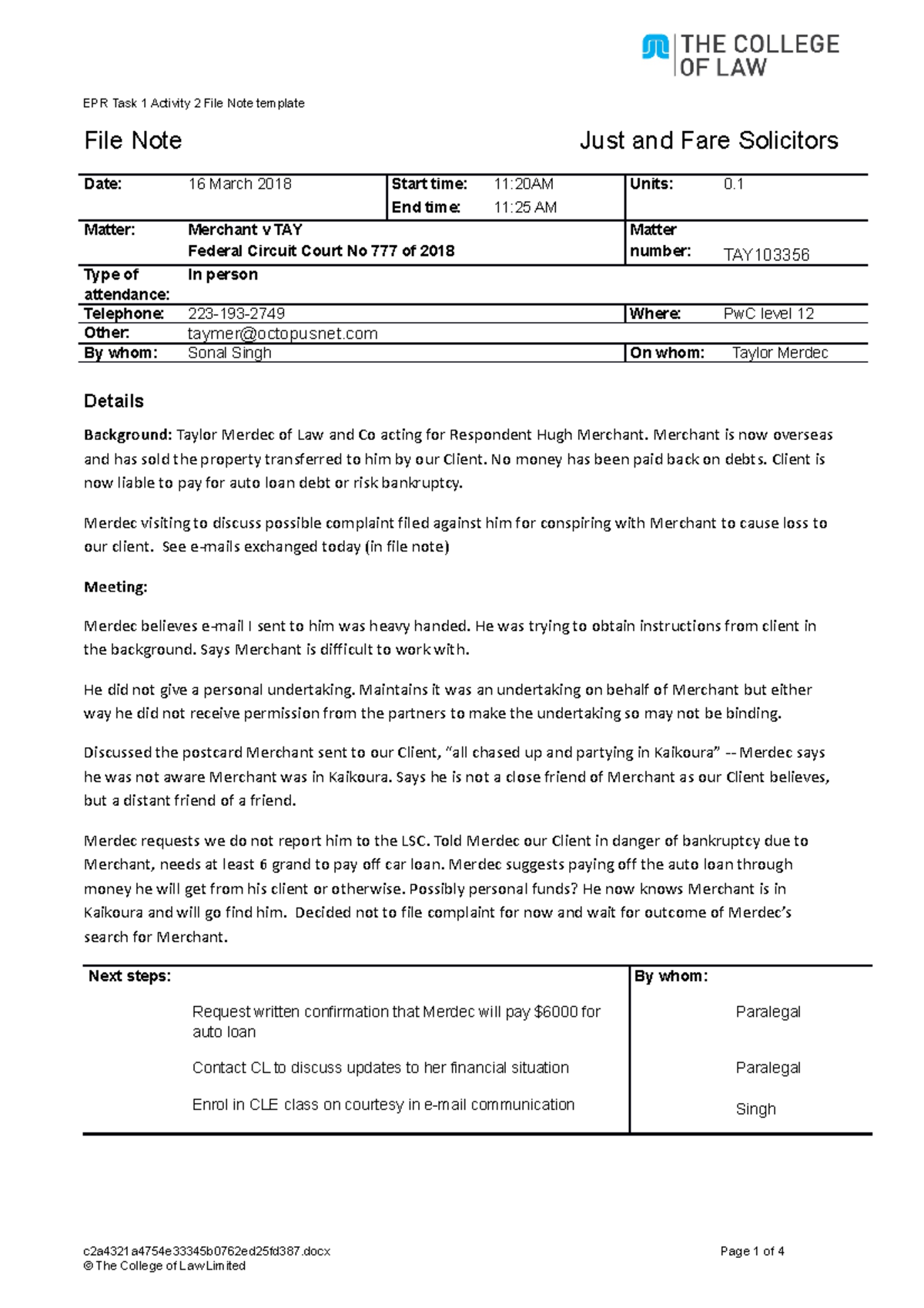 EPR T1 A2 file note template Allstates 2017 01 20 - MLL213 - Deakin ...