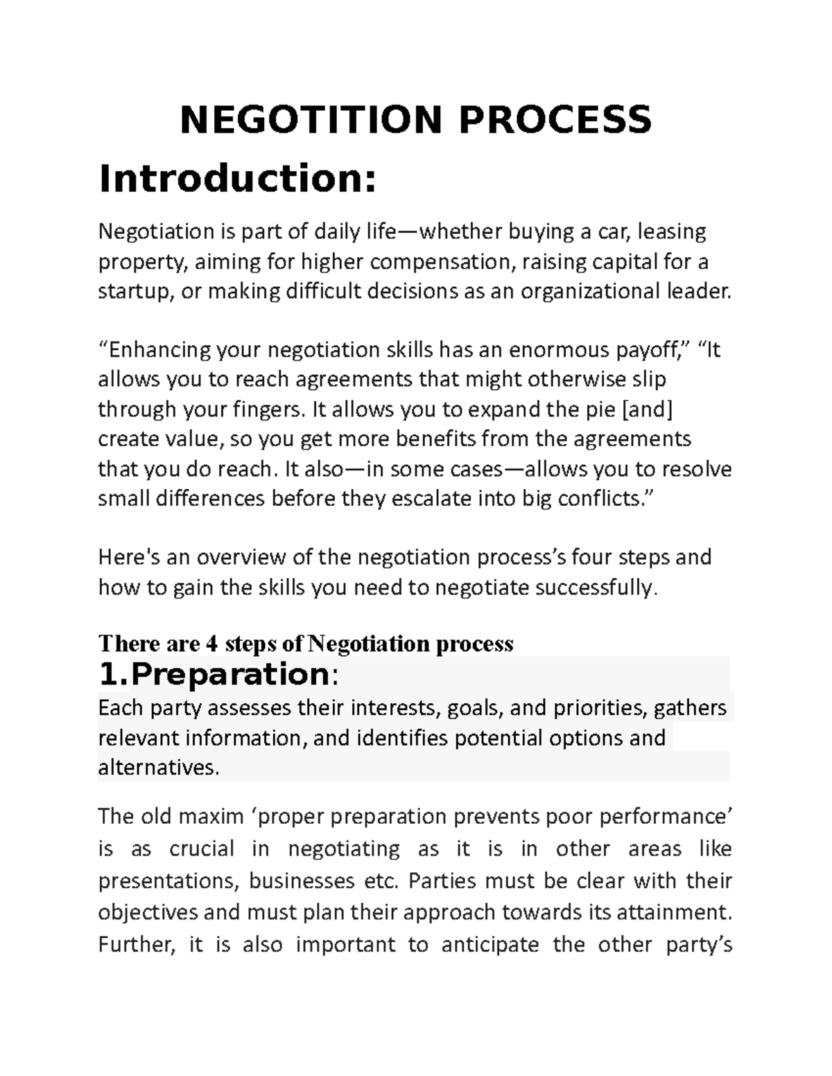 Negotition Process - good assignment - NEGOTITION PROCESS Introduction ...