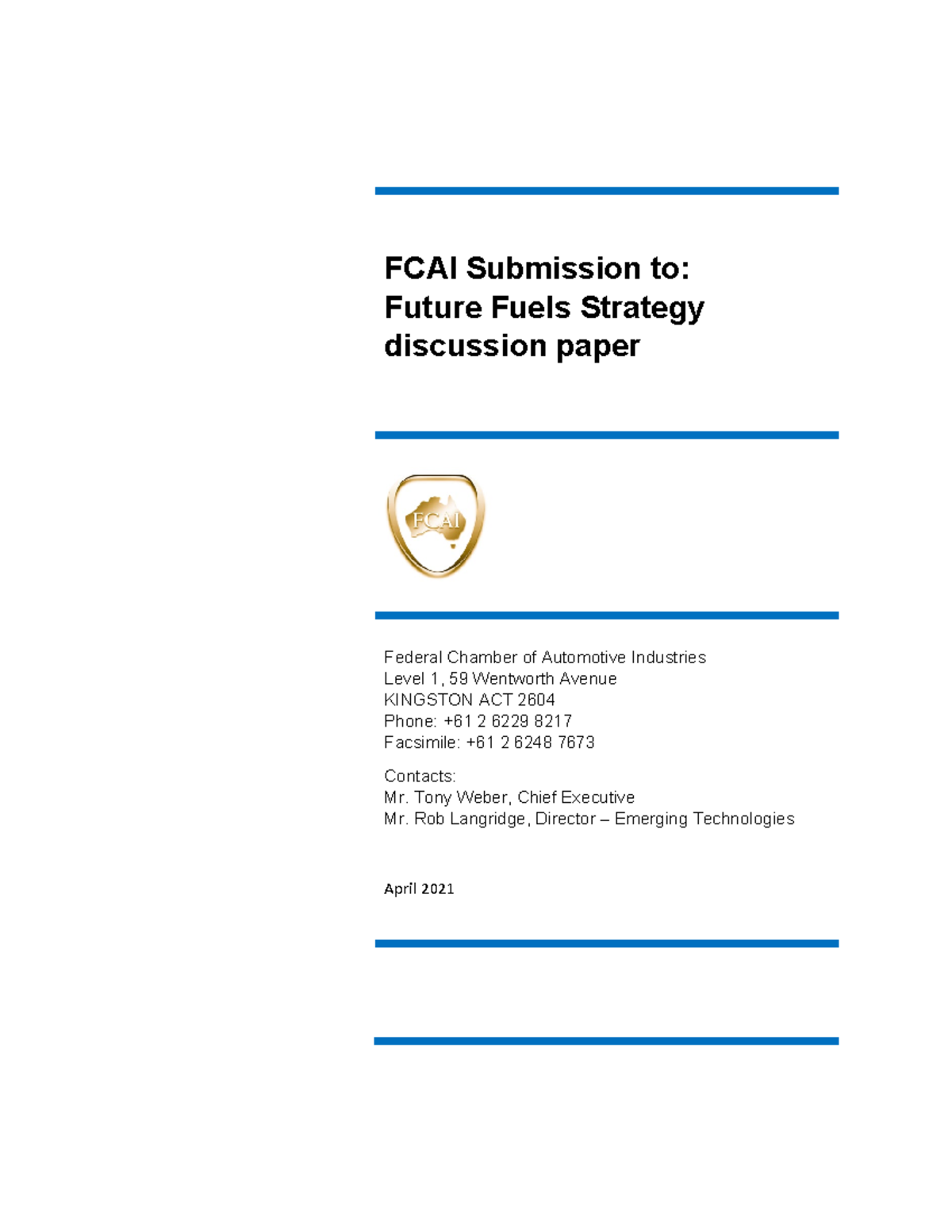 Fcai response - future fuels strategy 010421 - FCAI Submission to ...
