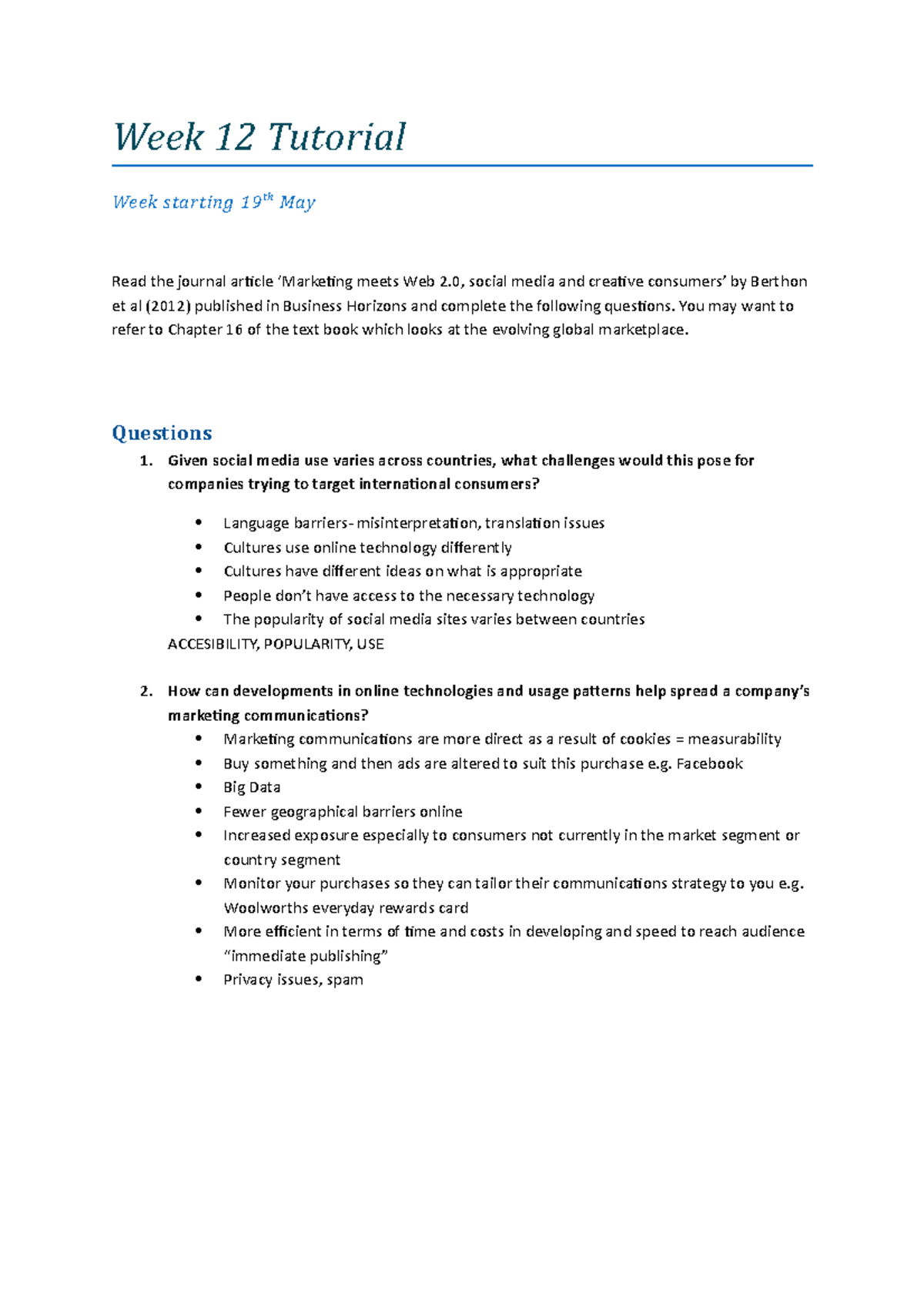Tutorial work - week 12 - Week 12 Tutorial Week starting 19th May Read the journal article - Studocu