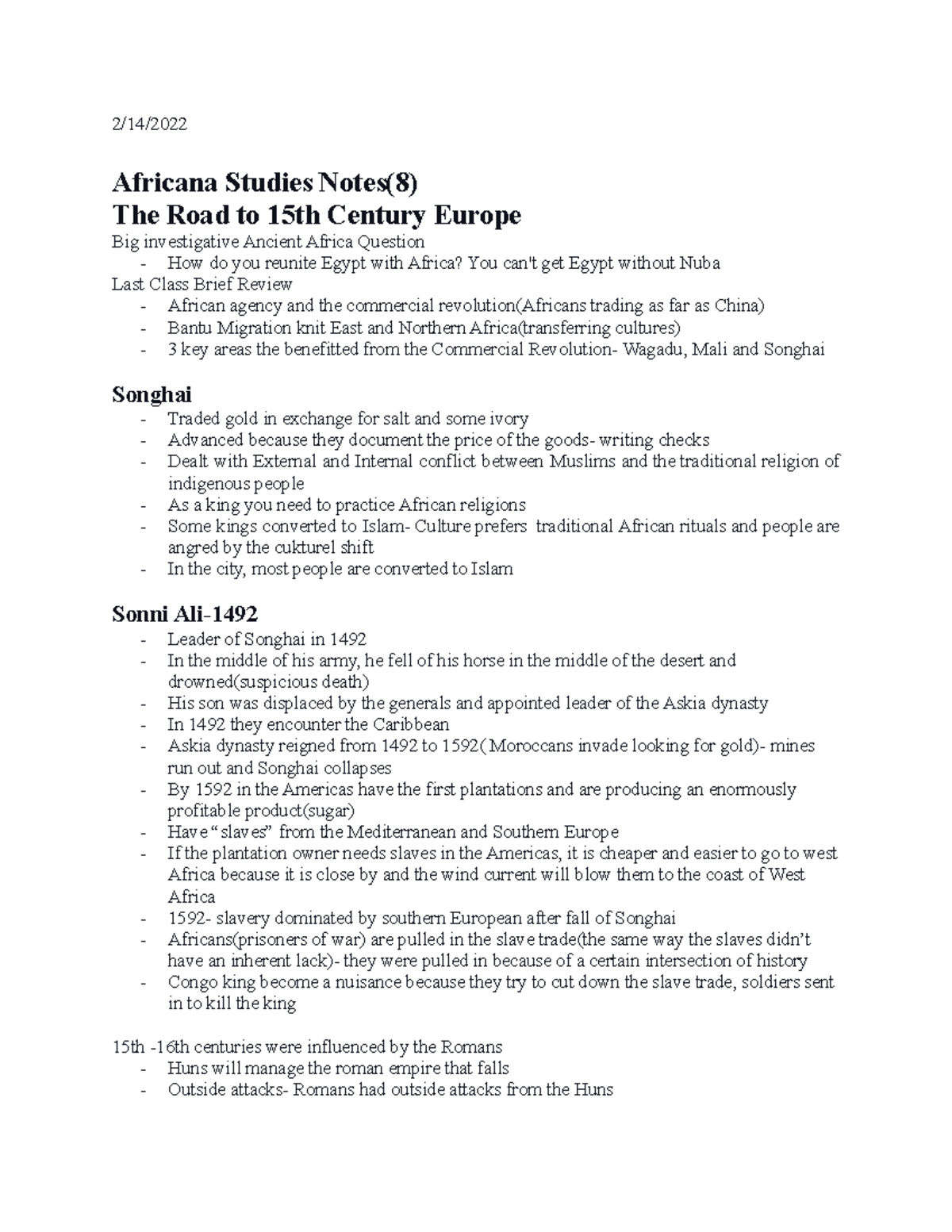 Africana Studies Notes 8 - 2/14/ Africana Studies Notes(8) The Road to ...