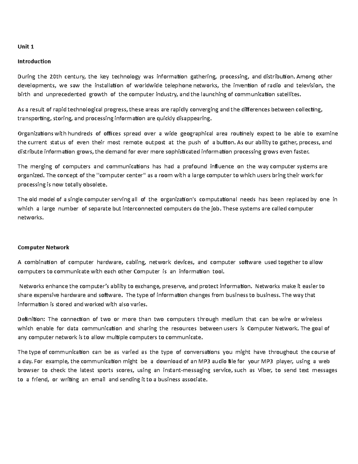 Networkin Unit 1 Bscit Notes Unit 1 Introduction During The 20th