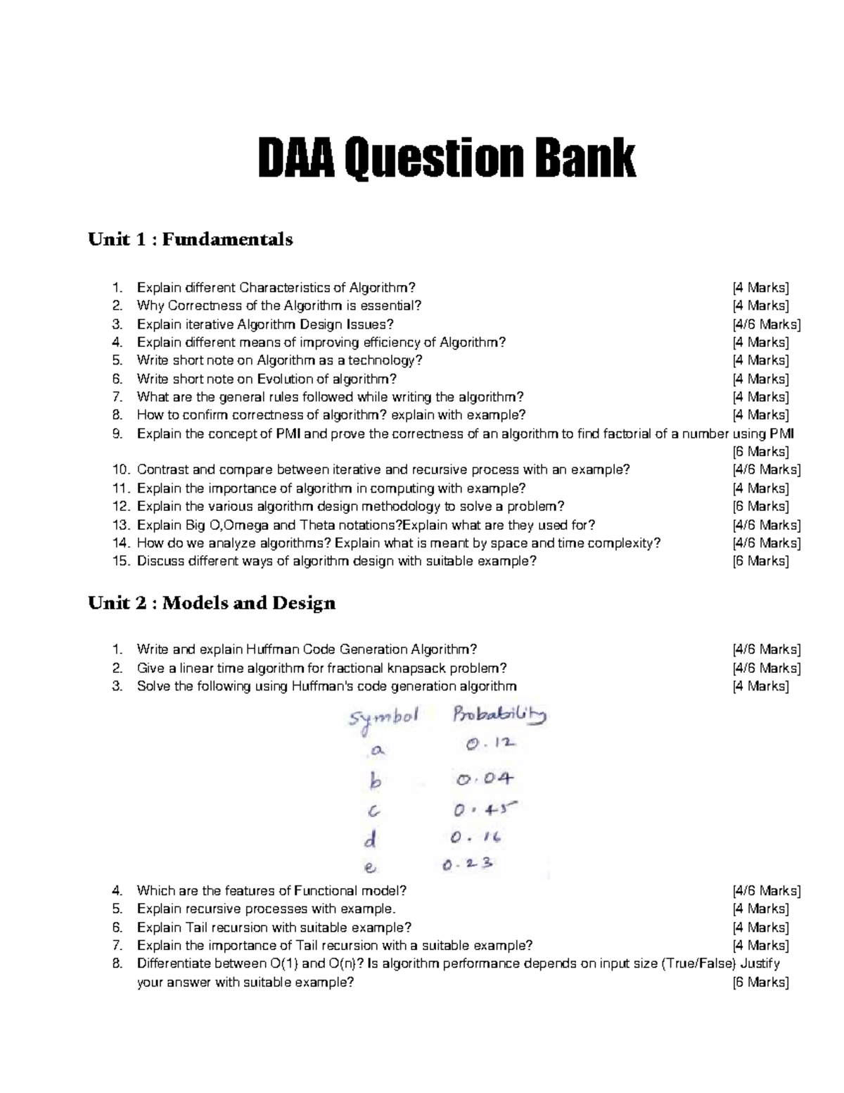 Daa question bank all units - DAA Question Bank Unit 1 : Fundamentals Explain different - Studocu