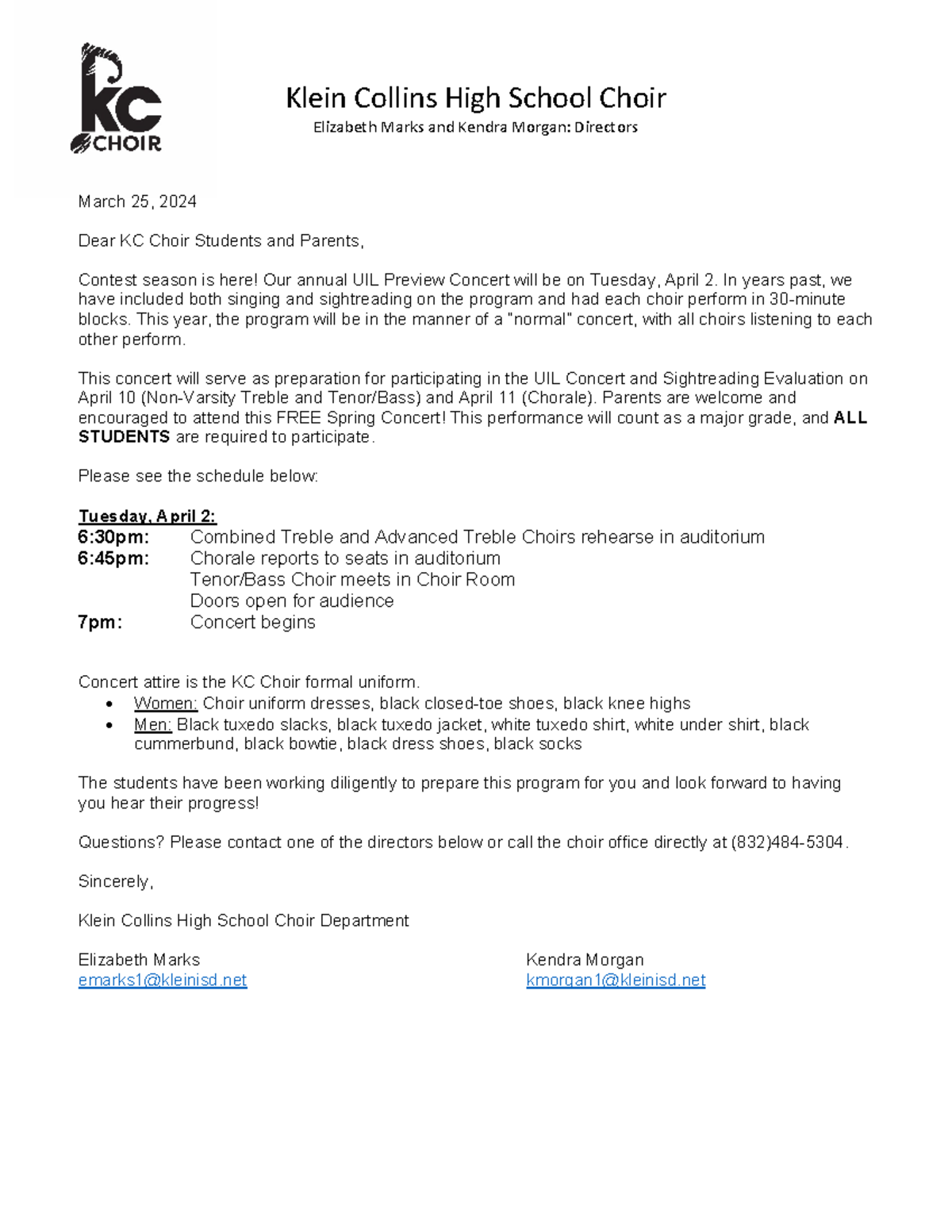 UIL Preview Concert Information - Klein Collins High School Choir Elizabeth Marks and Kendra ...