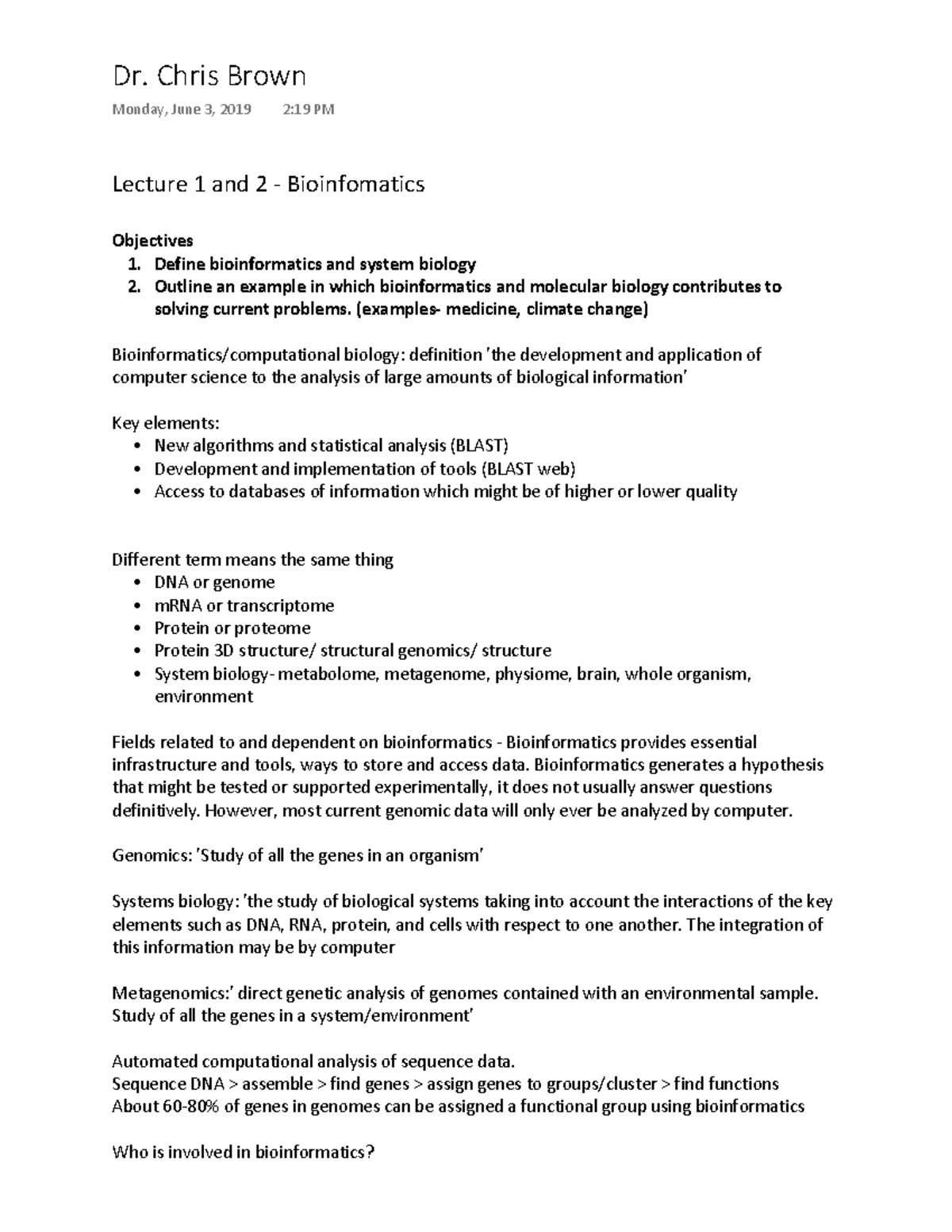 BIOC 221 LECTURE NOTES 2 - Dr. Chris Brown Monday, June 3, 2019 2:19 PM ...