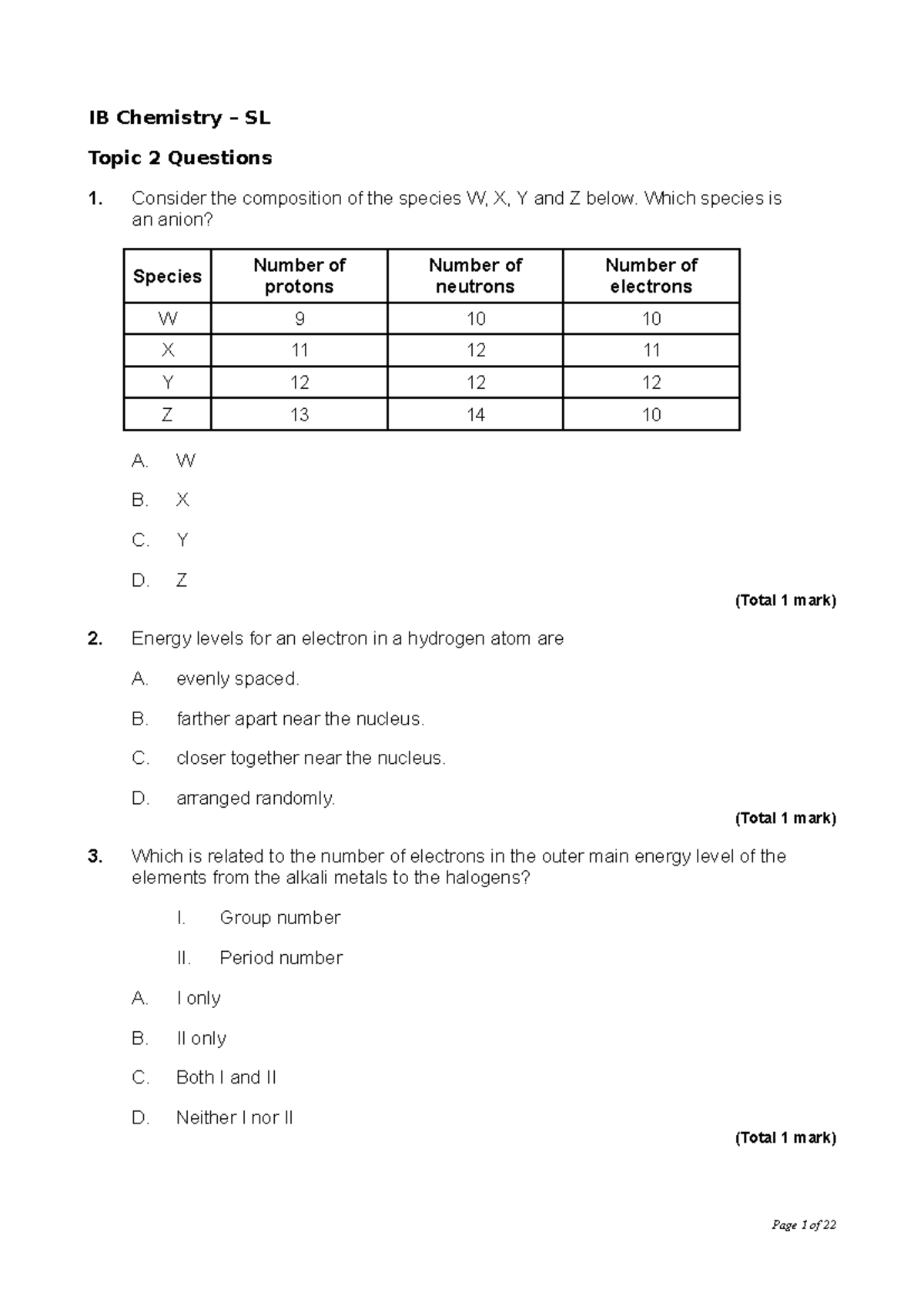 Topic 2Questions - Problems - IB Chemistry – SL Topic 2 Questions 1 ...