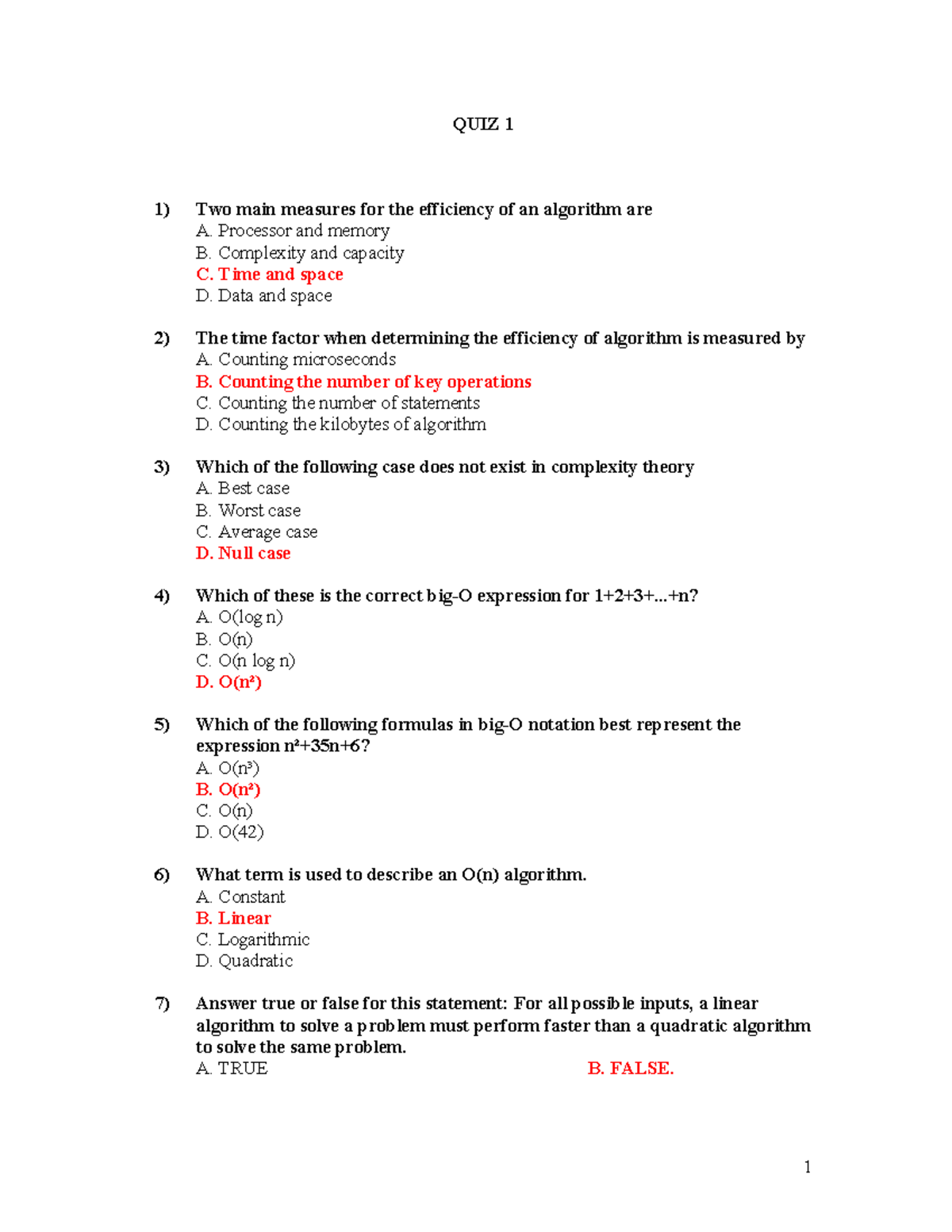 Quiz 1(1)-Introduction - QUIZ 1 1) Two main measures for the efficiency of an algorithm are A ...