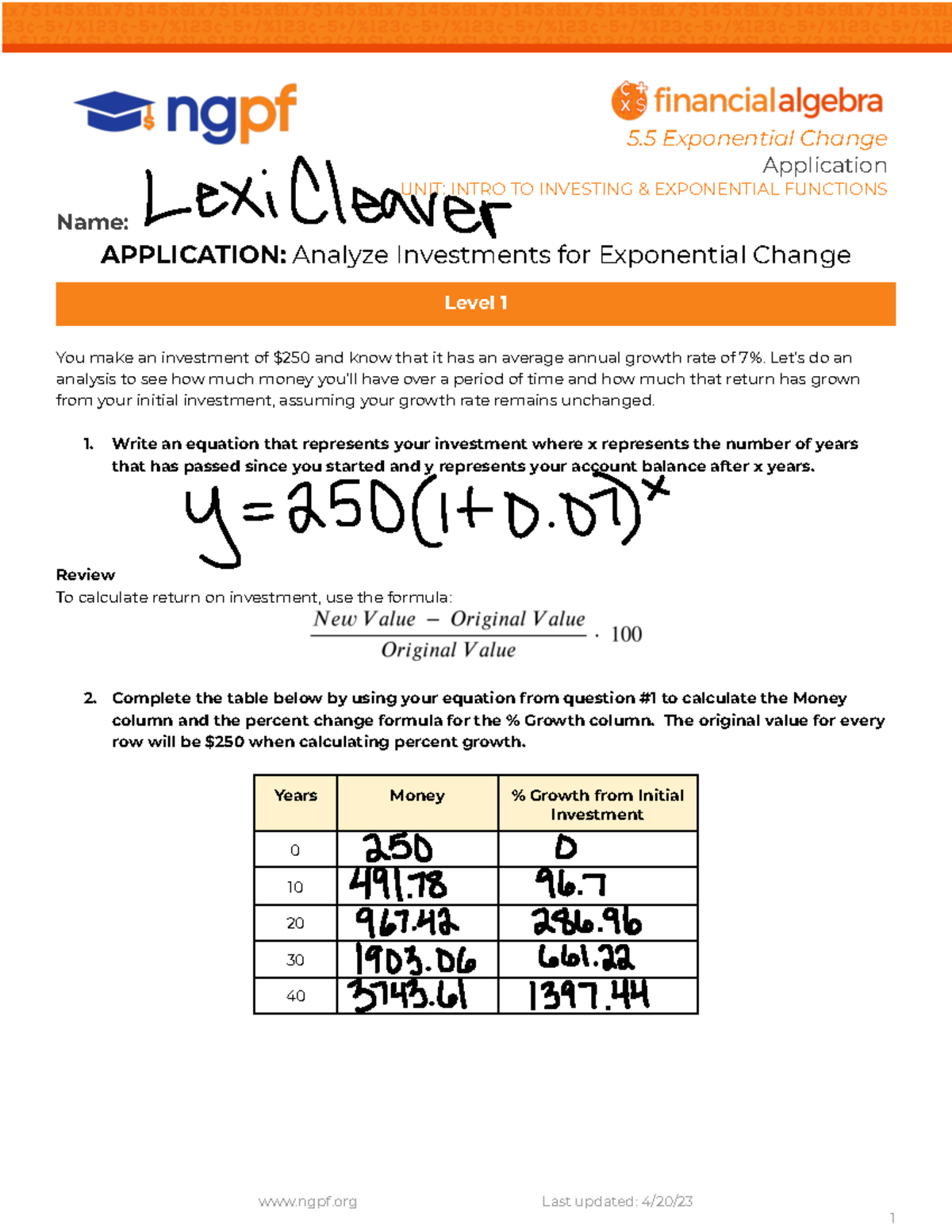 Application FA (1 and 2) - 5.5 - 5 Exponential Change Application UNIT ...