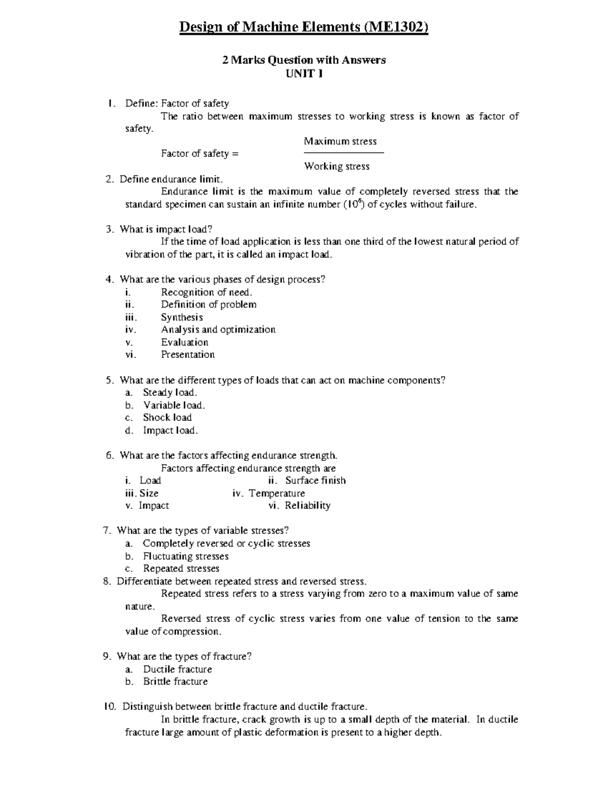 DME 2marks questions - Mech - Design of Machine Elements (ME1302) 2 ...