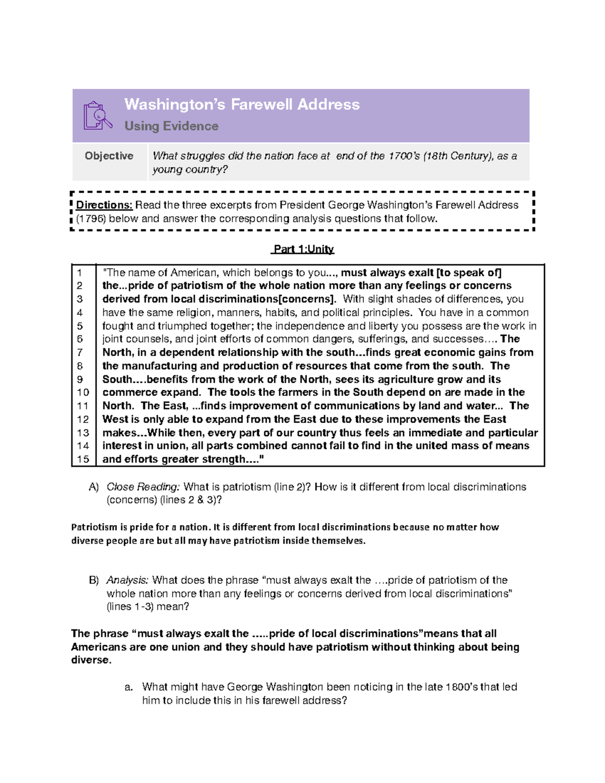 English)Using Evidence: Washington Farewell Address - Washington’s ...