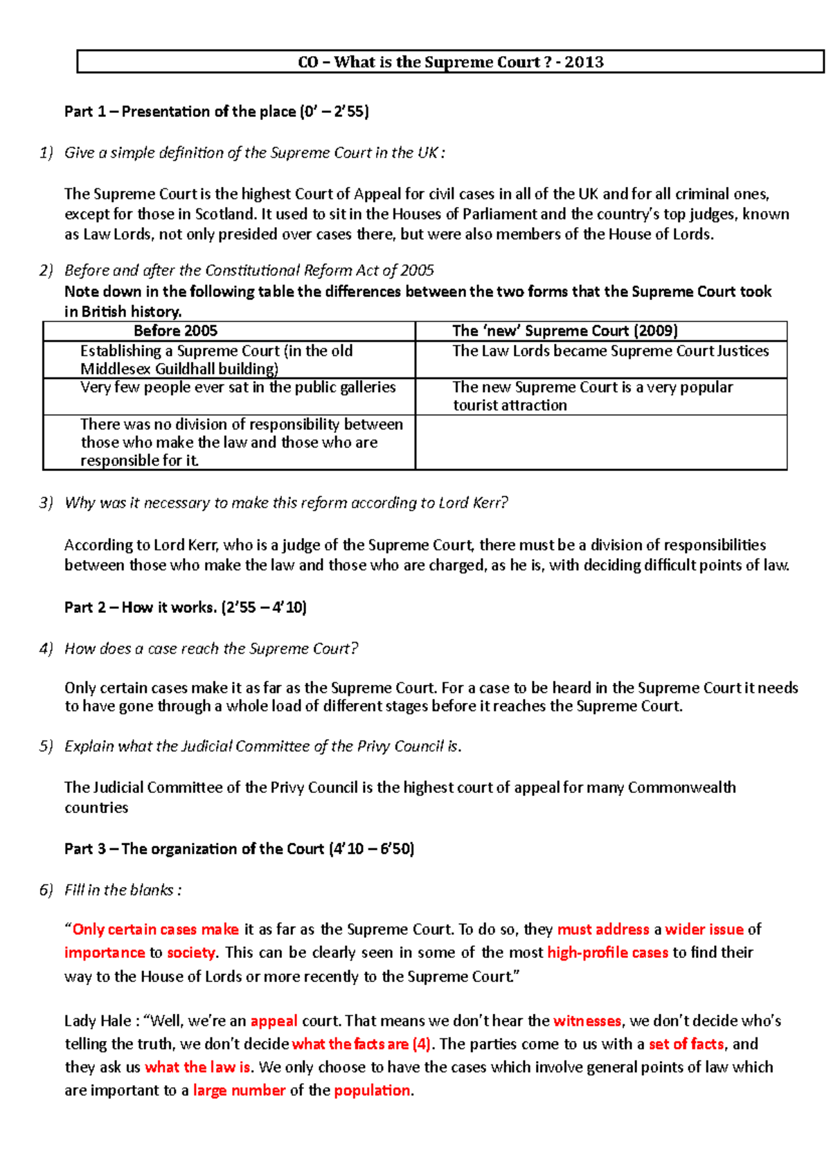 Questions Supreme Court - CO – What is the Supreme Court? - 2013 Part 1 ...