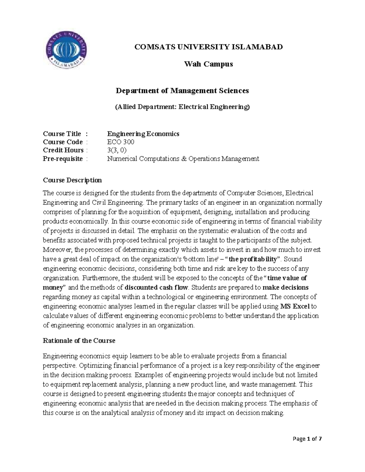 Engineering Economics - Course Description - SP 19 - COMSATS UNIVERSITY ...