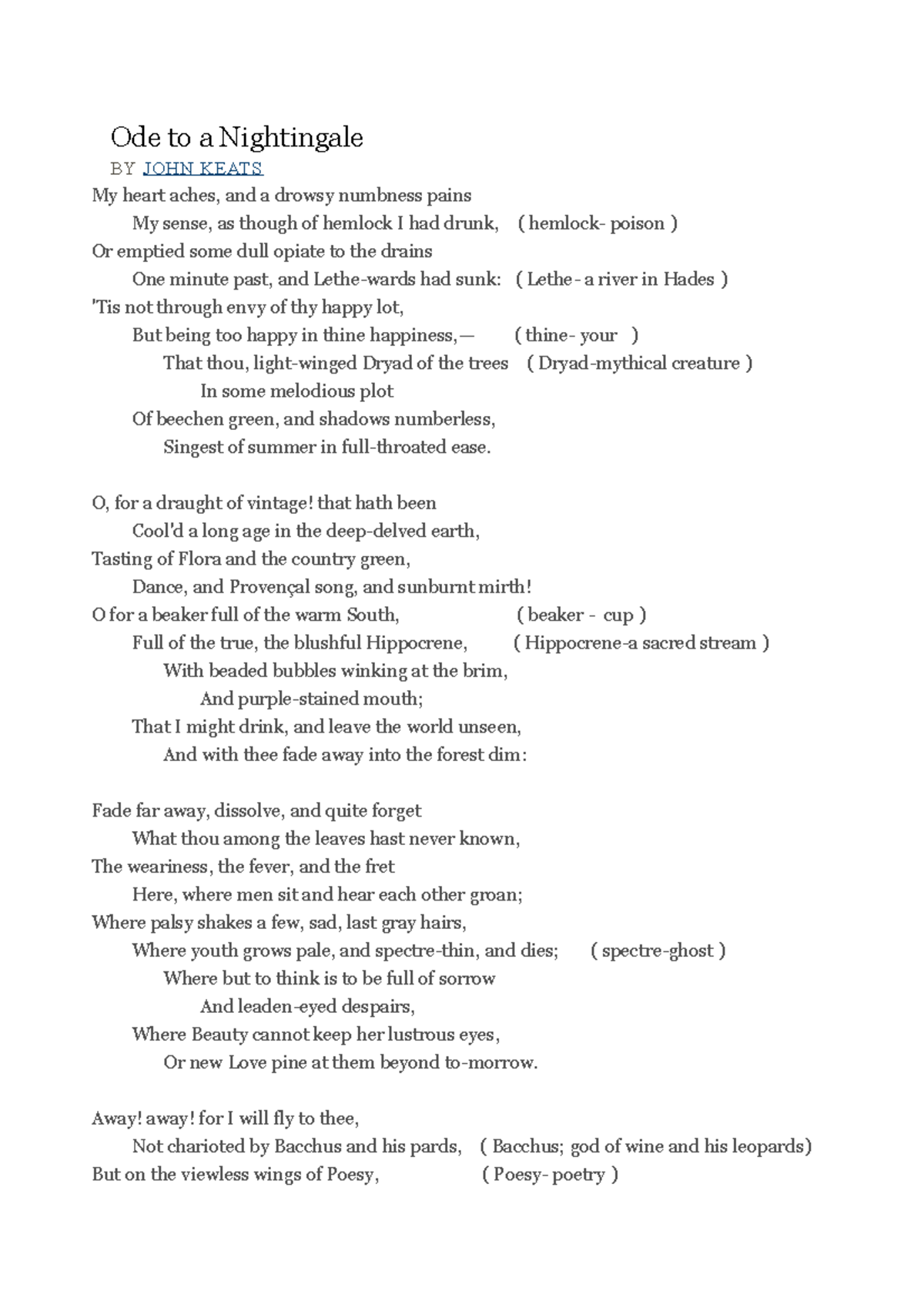 Ode to a Nightingale ENG - Ode to a Nightingale BY JOHN KEATS My heart ...