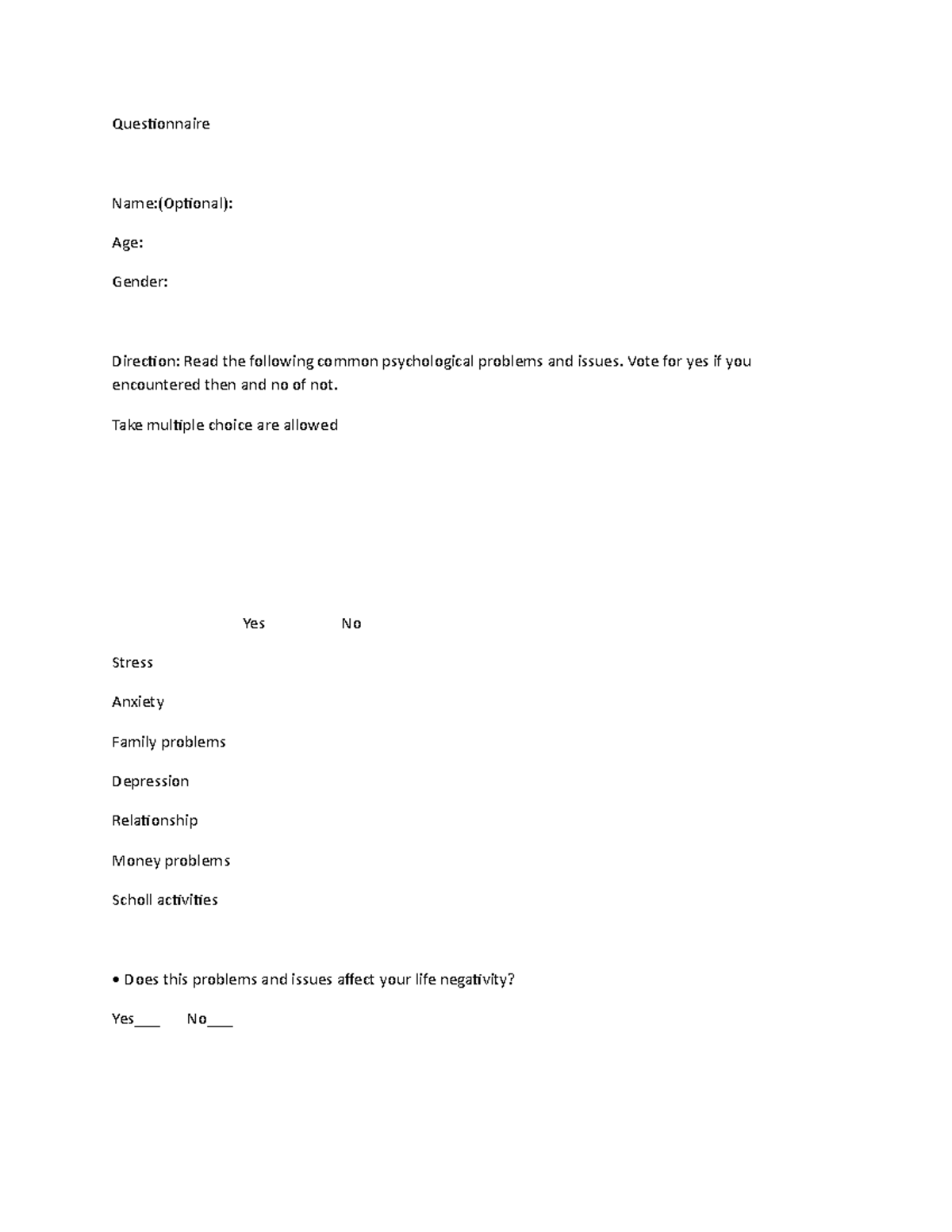 Questionnaire-WPS Office - Questionnaire Name:(Optional): Age: Gender ...