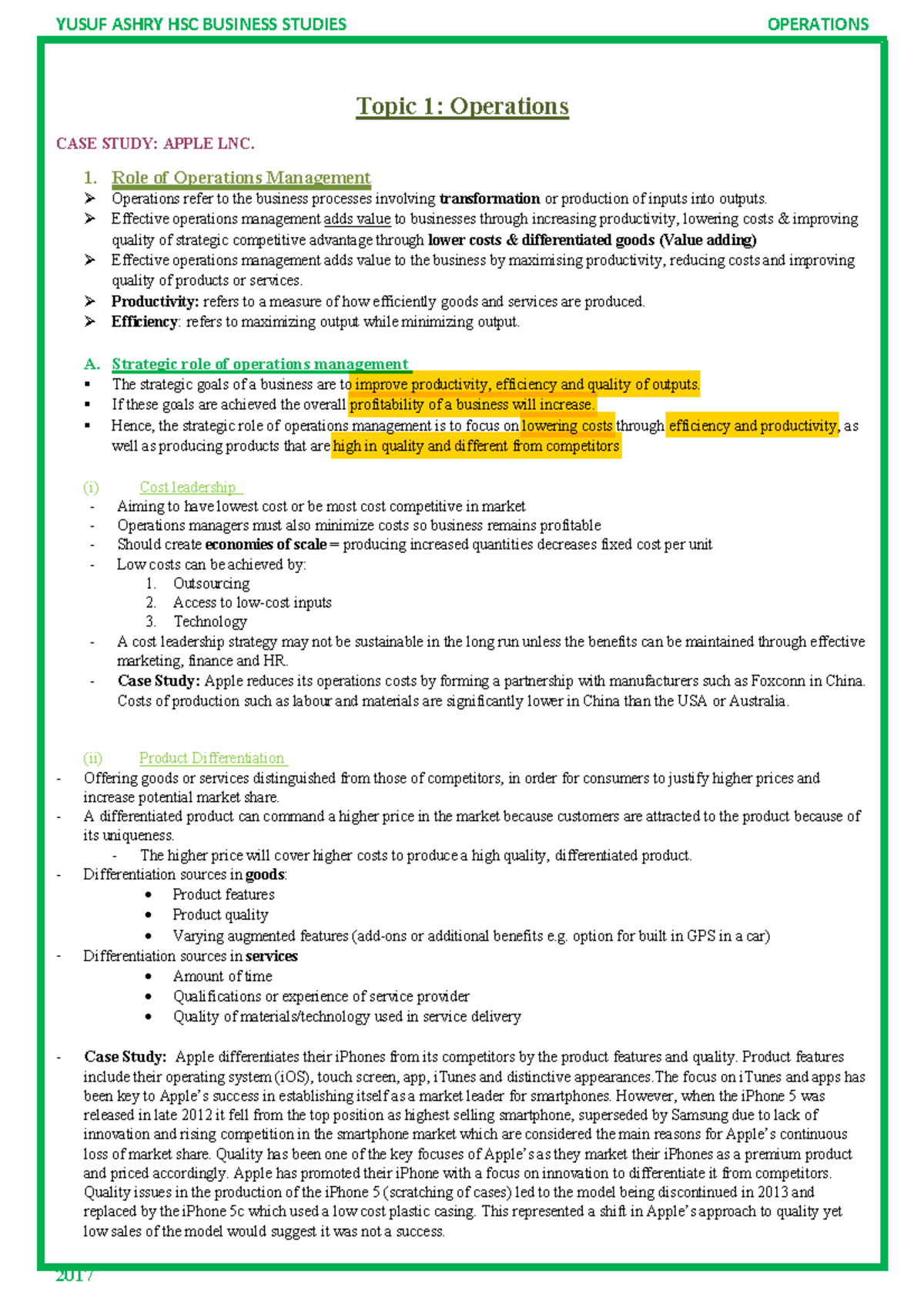 Operation notes (completed) - Topic 1: Operations CASE STUDY: APPLE LNC ...