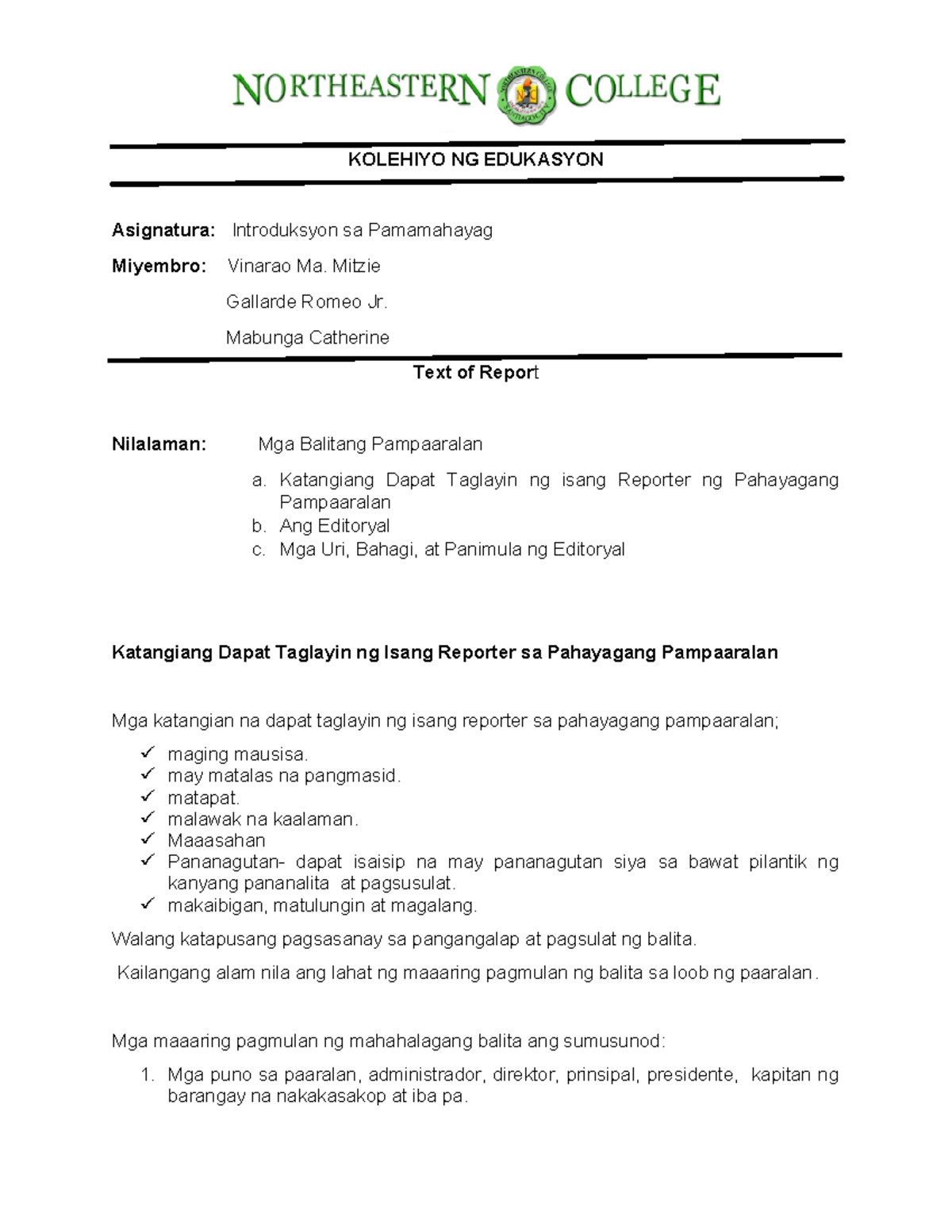 TOR Editoryal - REPORTING - KOLEHIYO NG EDUKASYON Asignatura ...