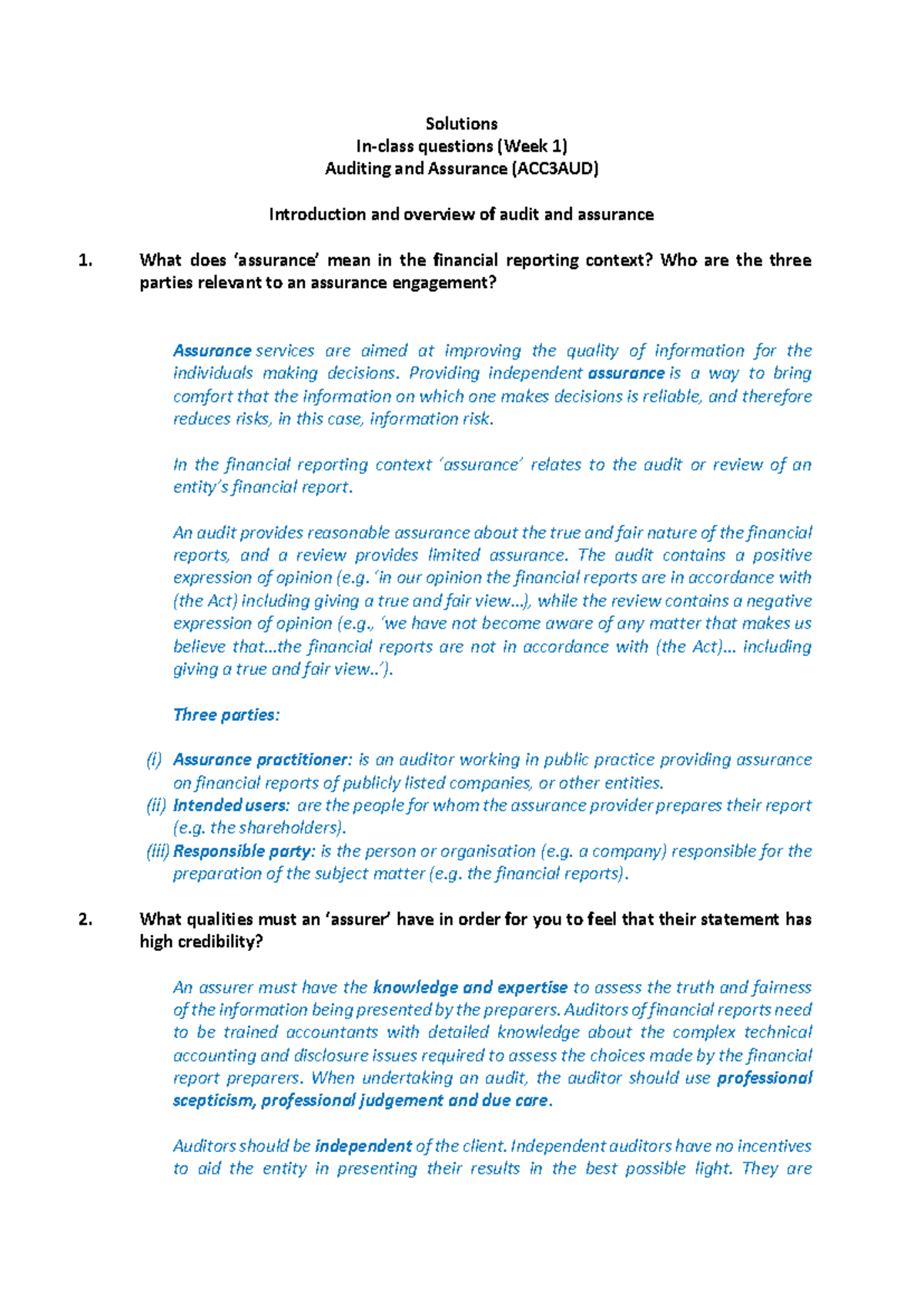 Week 1 In-class questions Solutions - Solutions In-class questions (Week 1) Auditing and ...