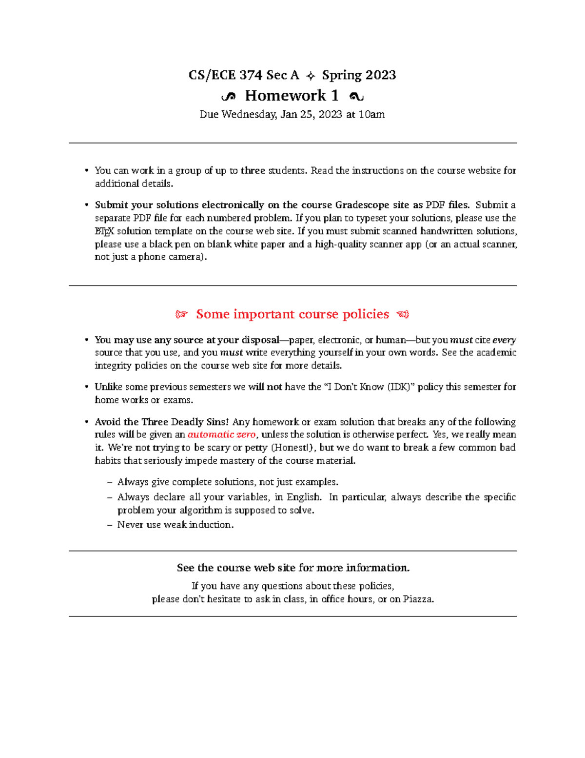 Hw1 - HW 1 Problems - CS/ECE 374 Sec A = Spring 2023 9 Homework 1 : Due Wednesday, Jan 25, 2023 ...