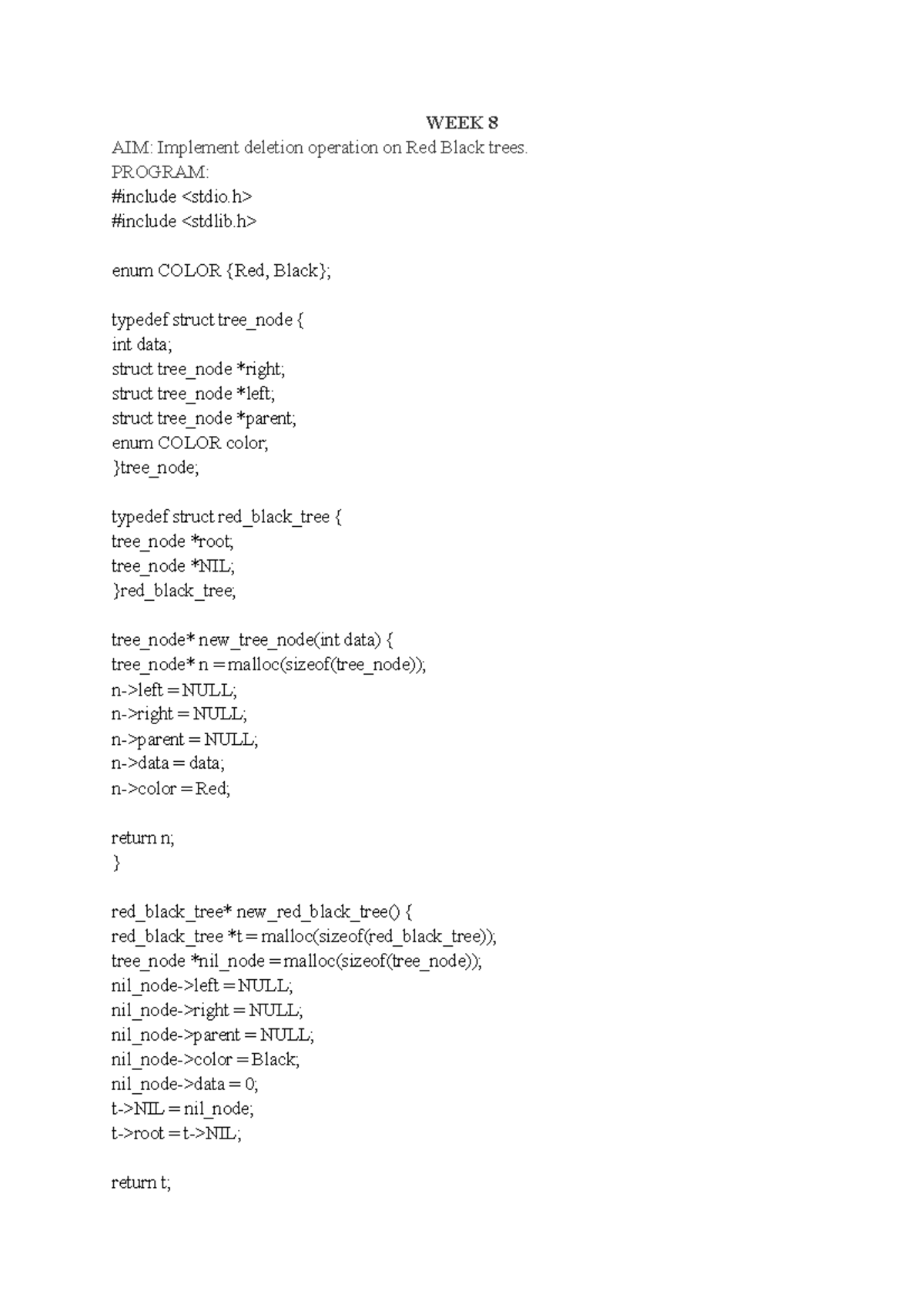 ADS Lab Week 8 - WEEK 8 AIM: Implement deletion operation on Red Black trees. PROGRAM: #include ...