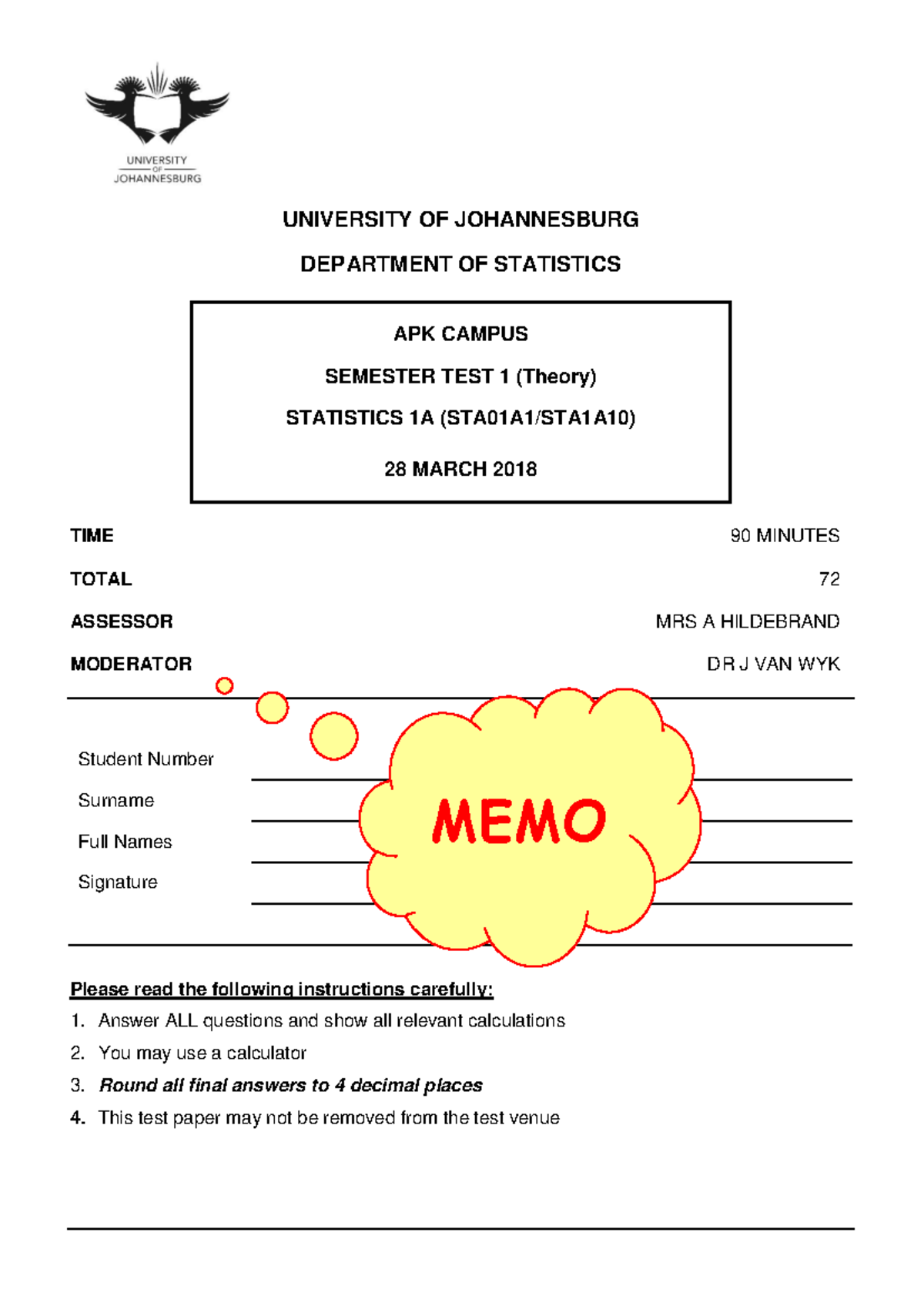 STA1A10 Semestertets 1 2018 Memo - UNIVERSITY OF JOHANNESBURG ...