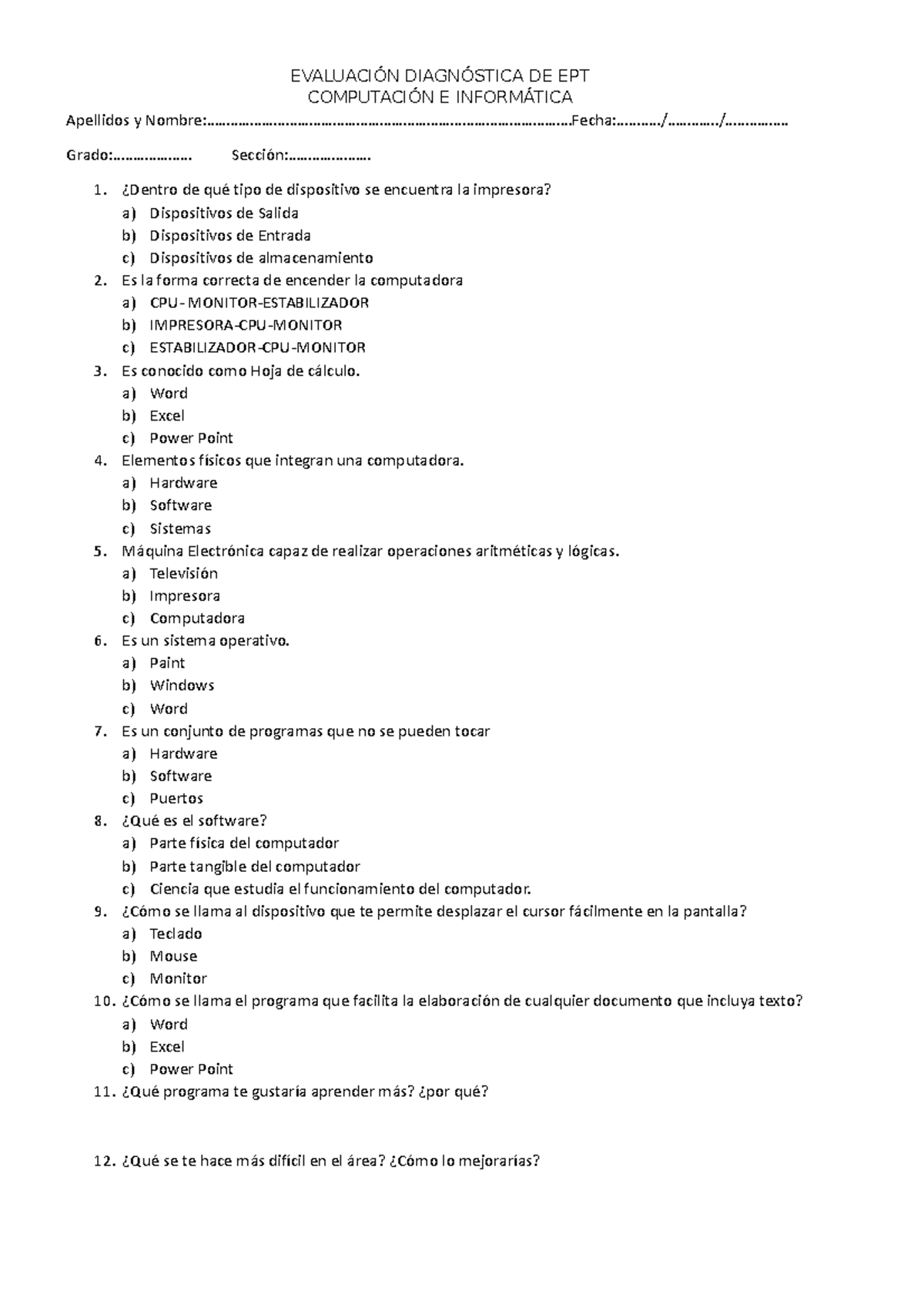 Evaluación Diagnóstica DE EPT Segundo - EVALUACIÓN DIAGNÓSTICA DE EPT COMPUTACIÓN E INFORMÁTICA ...