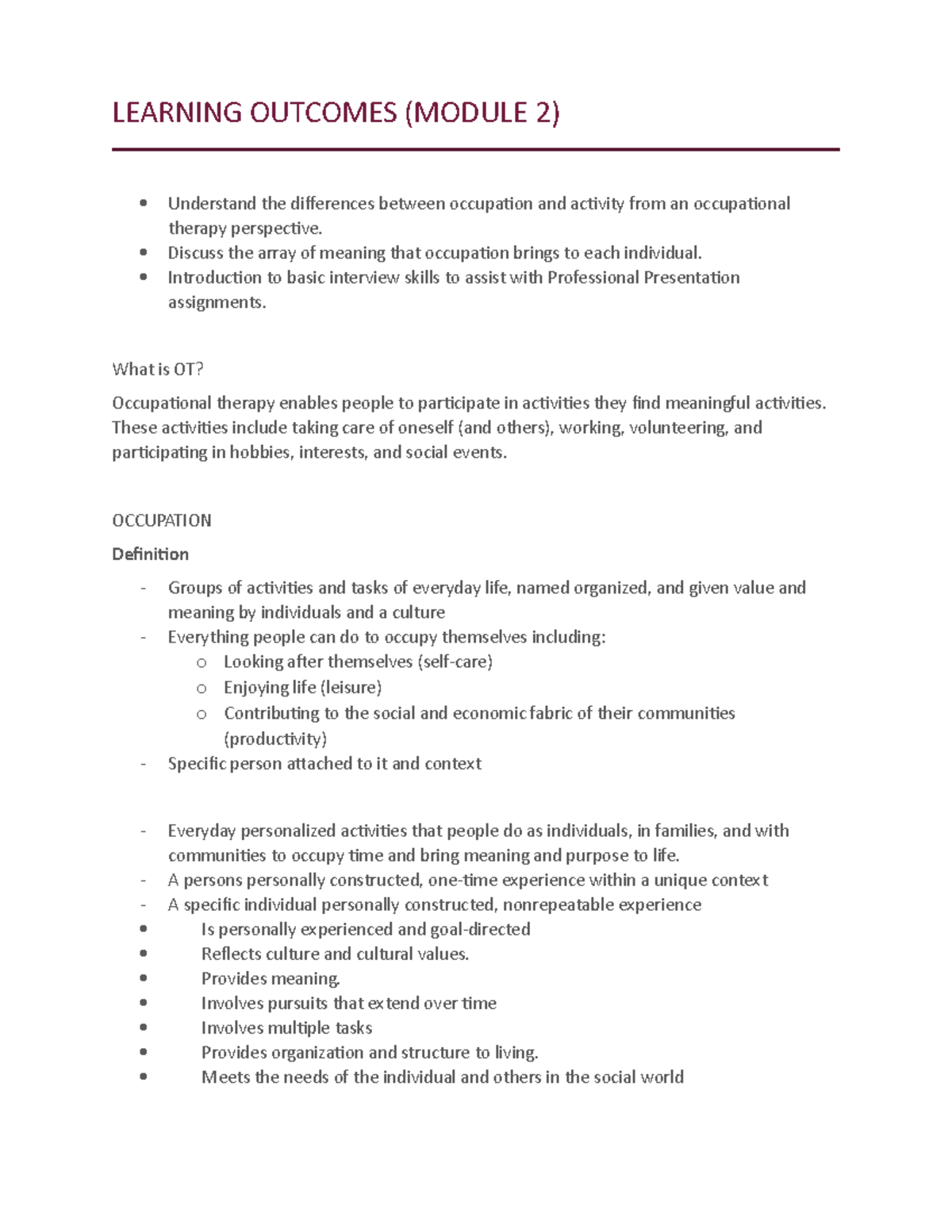 Notes - What is Occupation? - LEARNING OUTCOMES (MODULE 2) Understand ...
