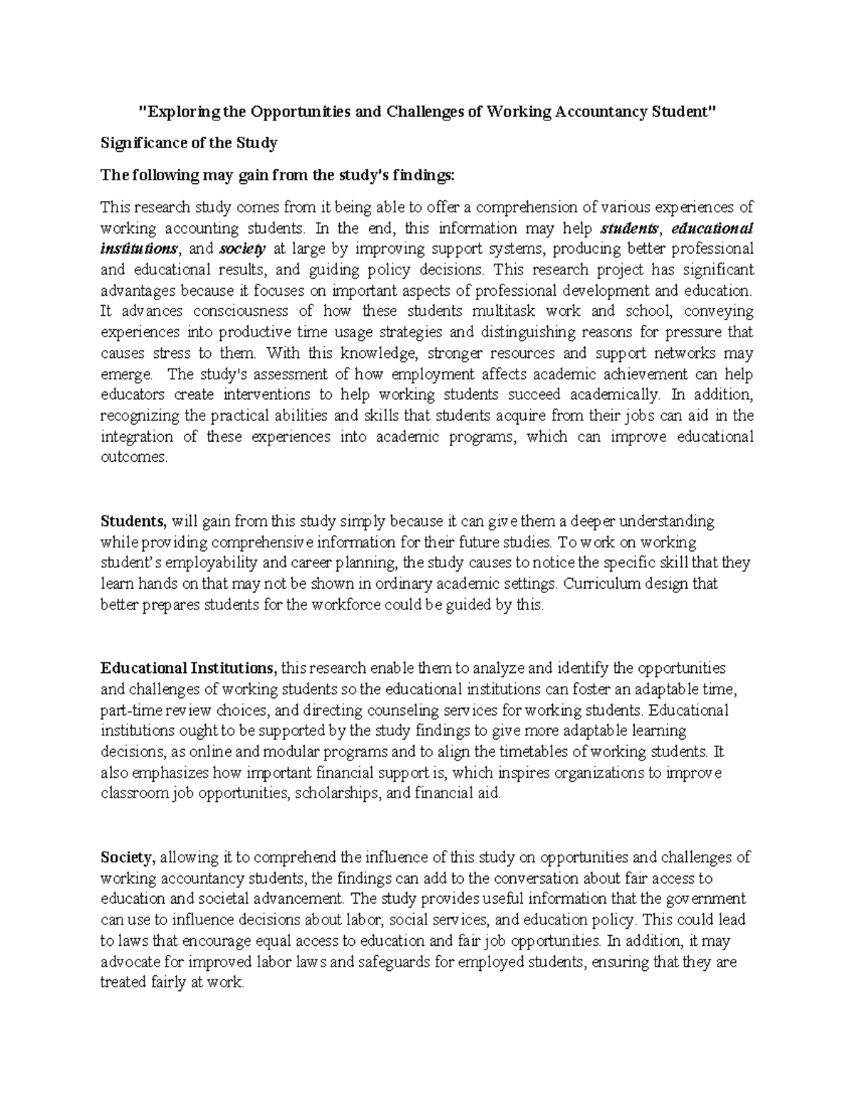 Significance od Study - "Exploring the Opportunities and Challenges of ...