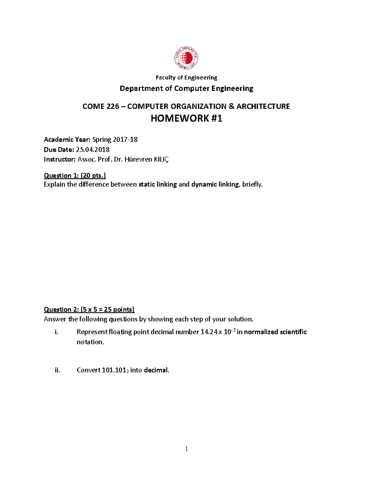 COME 226 HW 1 - Computer Organization - Warning: TT: undefined function ...