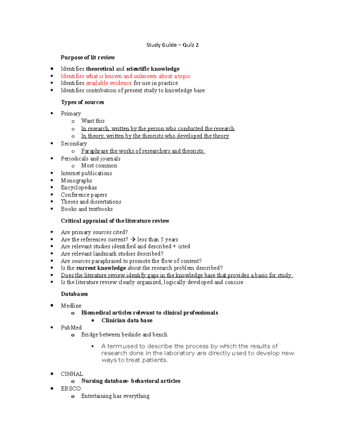 Study guide 2 Evidence Based - Study Guide – Quiz 2 Purpose of lit ...
