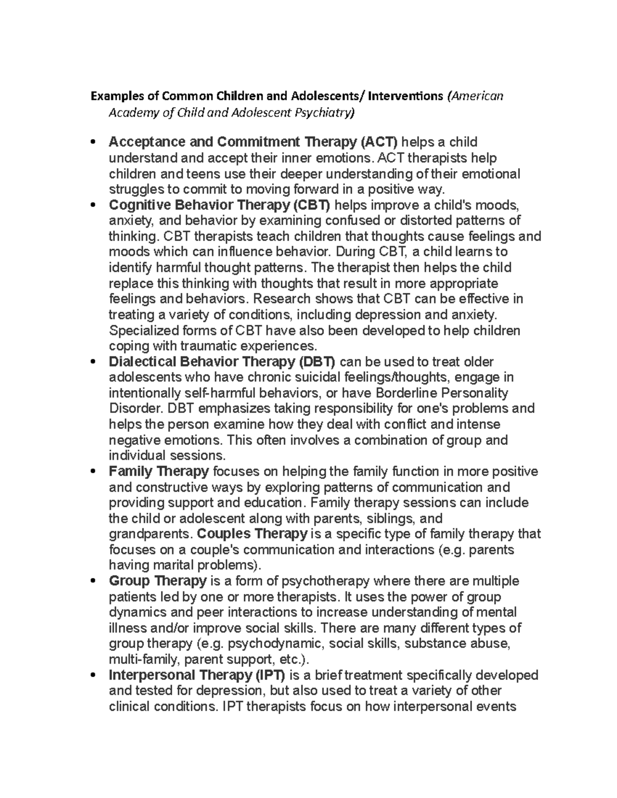 Examples of Common Children and Adolescents Interventions - ACT ...