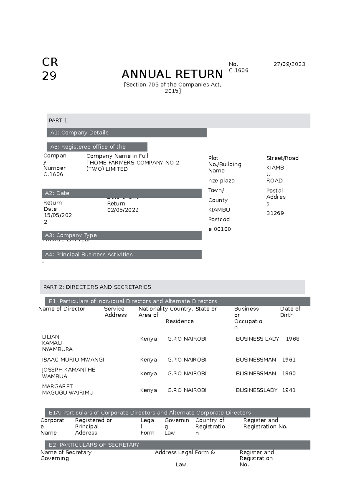 22 - NOTES - CR 29 ANNUAL RETURN [Section 705 of the Companies Act ...