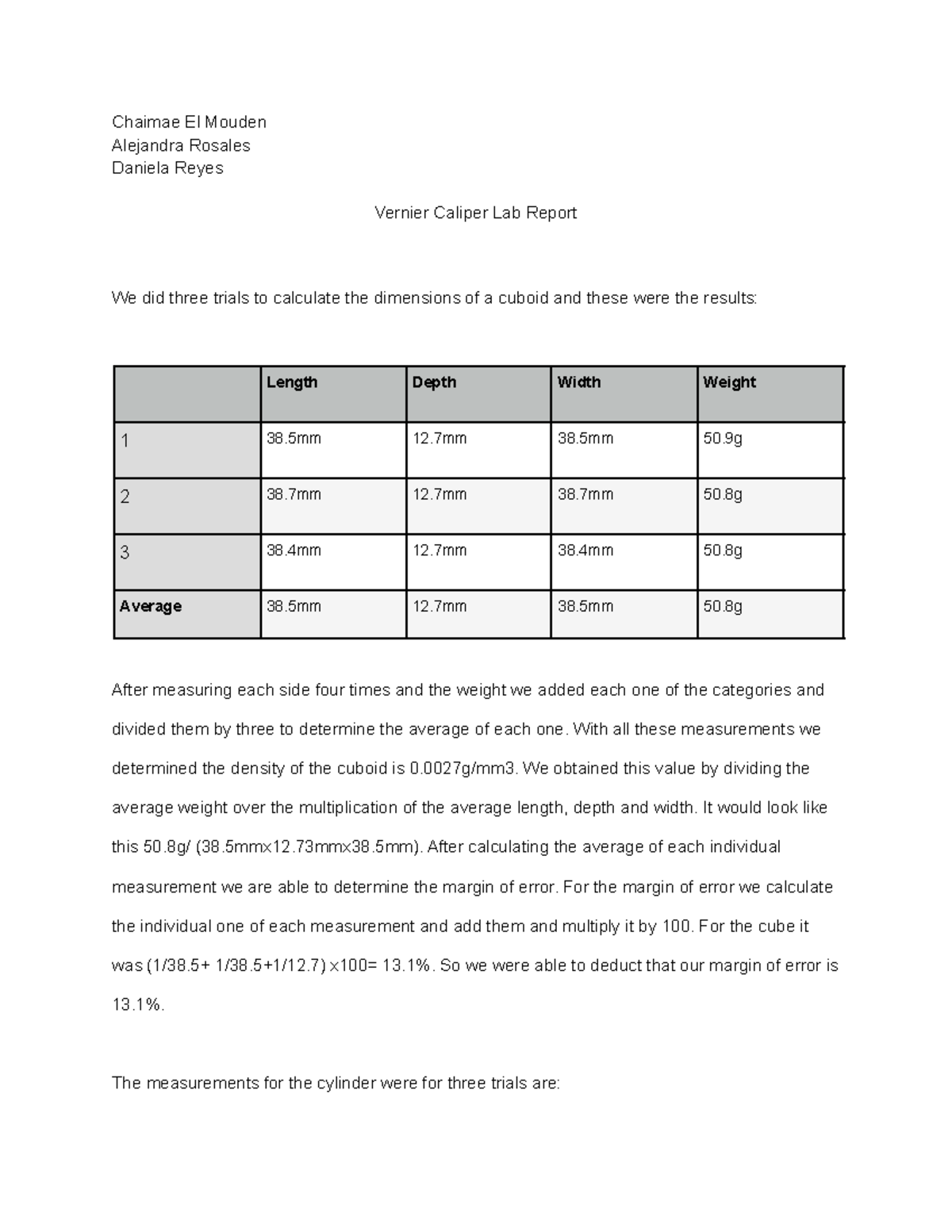 Lab 1 Vernier Caliper measurements (Redo) - Chaimae El Mouden Alejandra ...