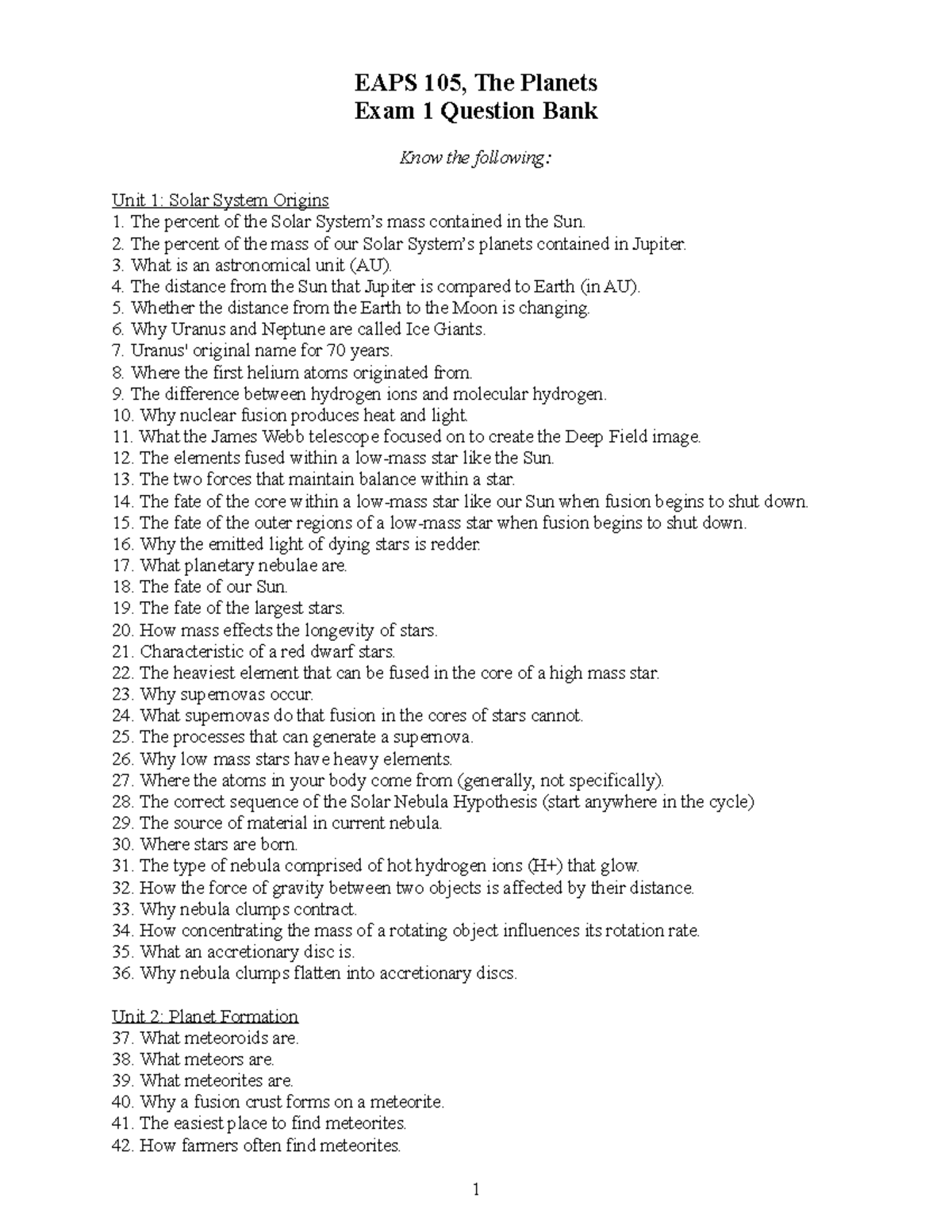 Exam 1 Study Guide - EAPS 105, The Planets Exam 1 Question Bank Know ...