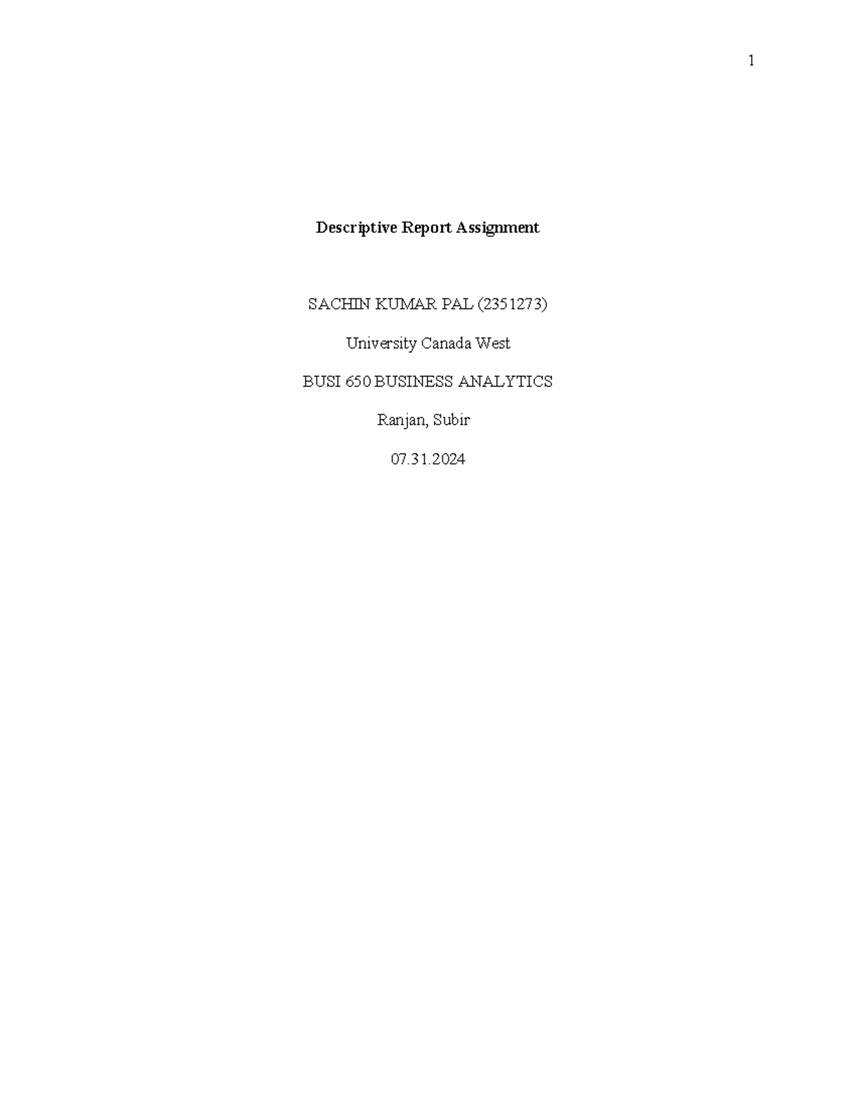 APA Paper Template 7th Ed - Descriptive Report Assignment SACHIN KUMAR ...