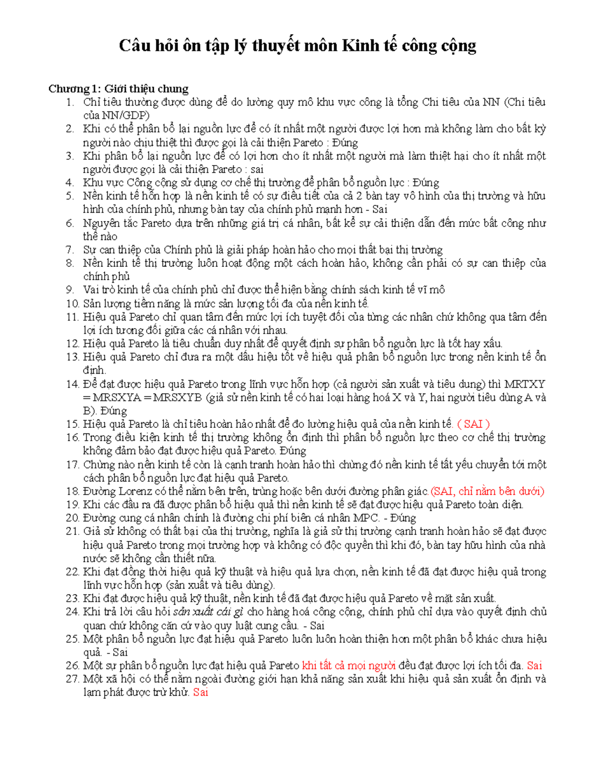 Câu hỏi ôn tập lý thuyết KTCC - Câu hỏi ôn tập lý thuyết môn Kinh tế công cộng Chương 1: Giới ...