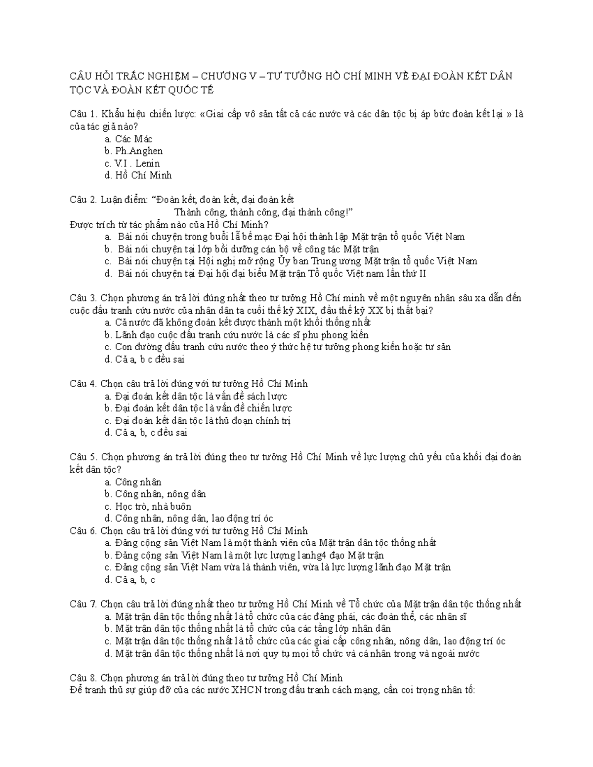 BT-TN-C - gg. - CÂU HỎI TRẮC NGHIỆM – CHƯƠNG V – TƯ TƯỞNG HỒ CHÍ MINH VỀ ĐẠI ĐOÀN KẾT DÂN TỘC VÀ ...