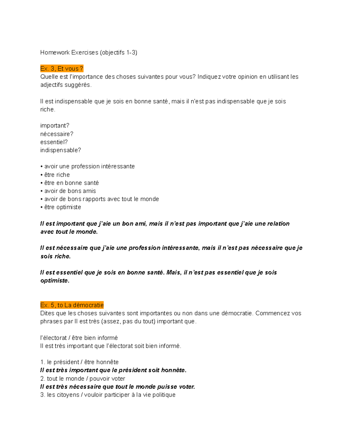 French 2 - Answer key and homework - Homework Exercises (objectifs 1-3 ...