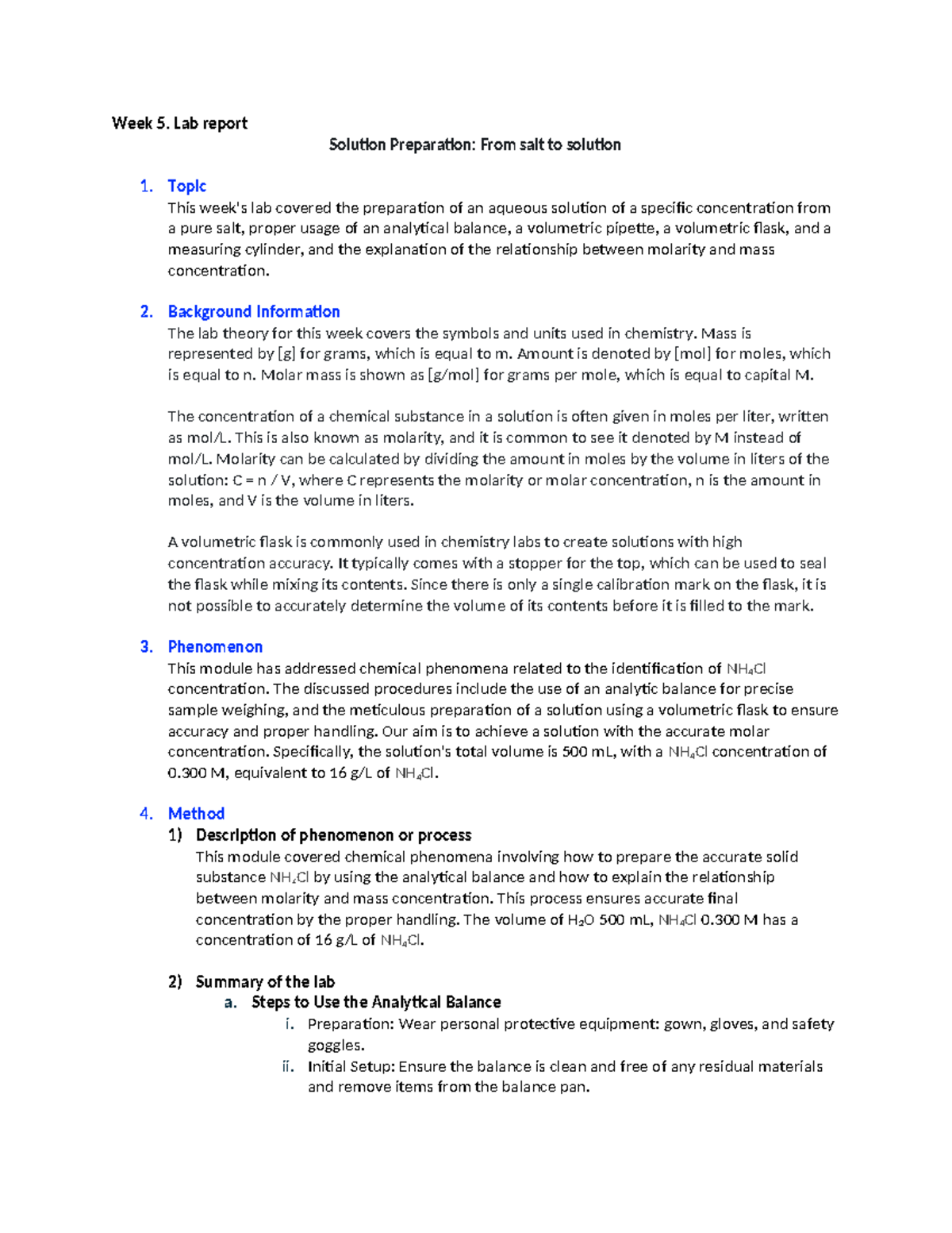 Week 5 Lab report - Solution Preparation: From salt to solution - Week 5. Lab report Solution ...