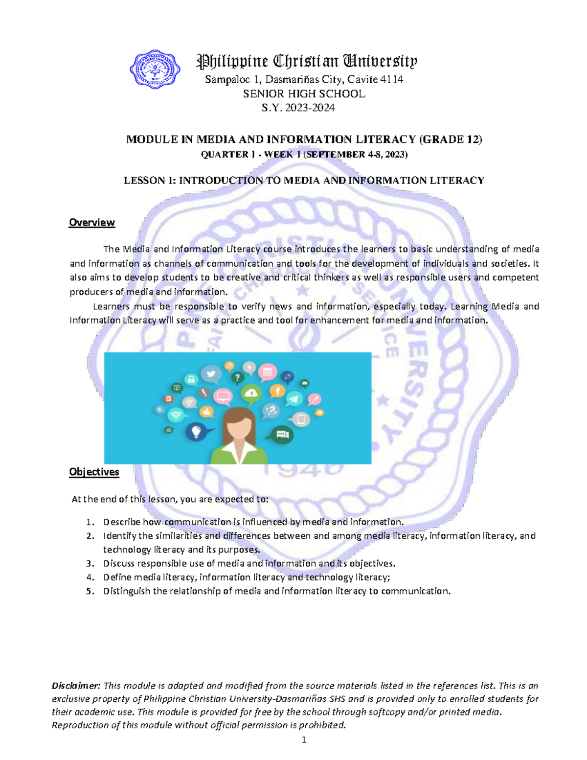 MIL 1STQ Module WEEK 1 - Disclaimer: This module is adapted and ...