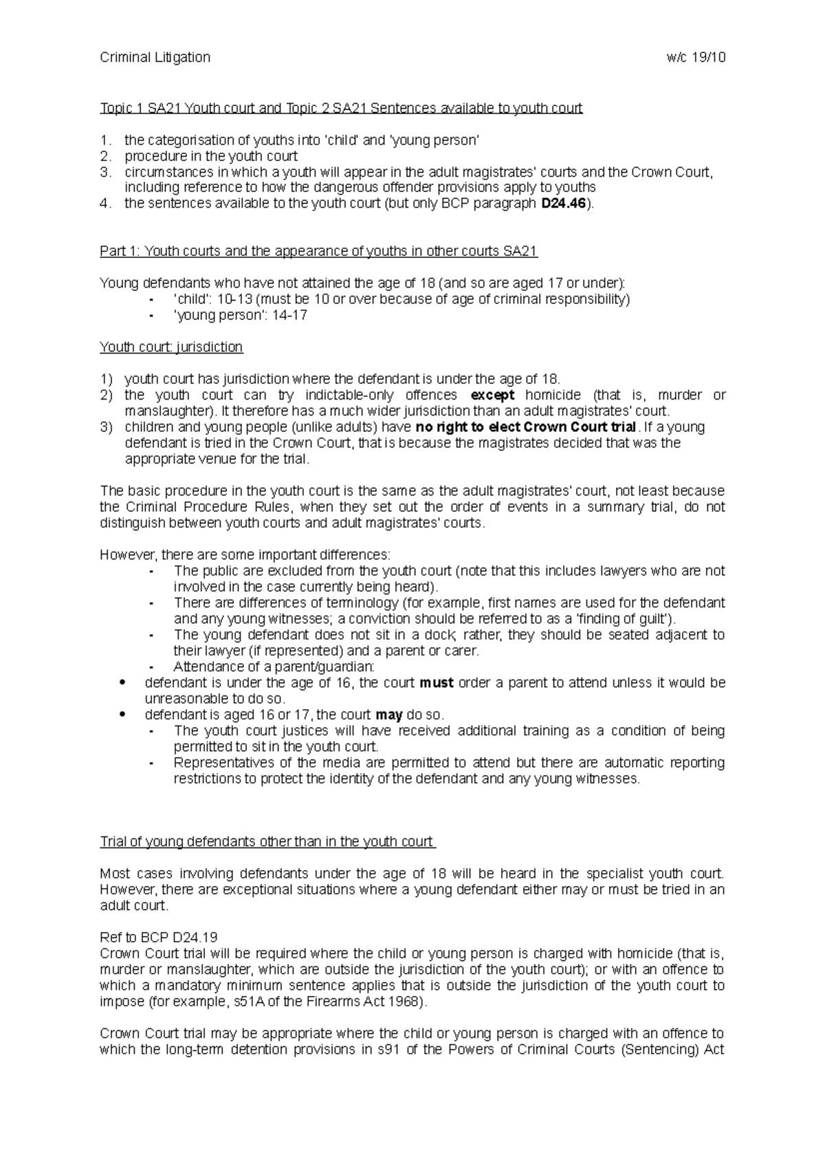 Summary of notes-youth courts- SA21 - Topic 1 SA21 Youth court and ...