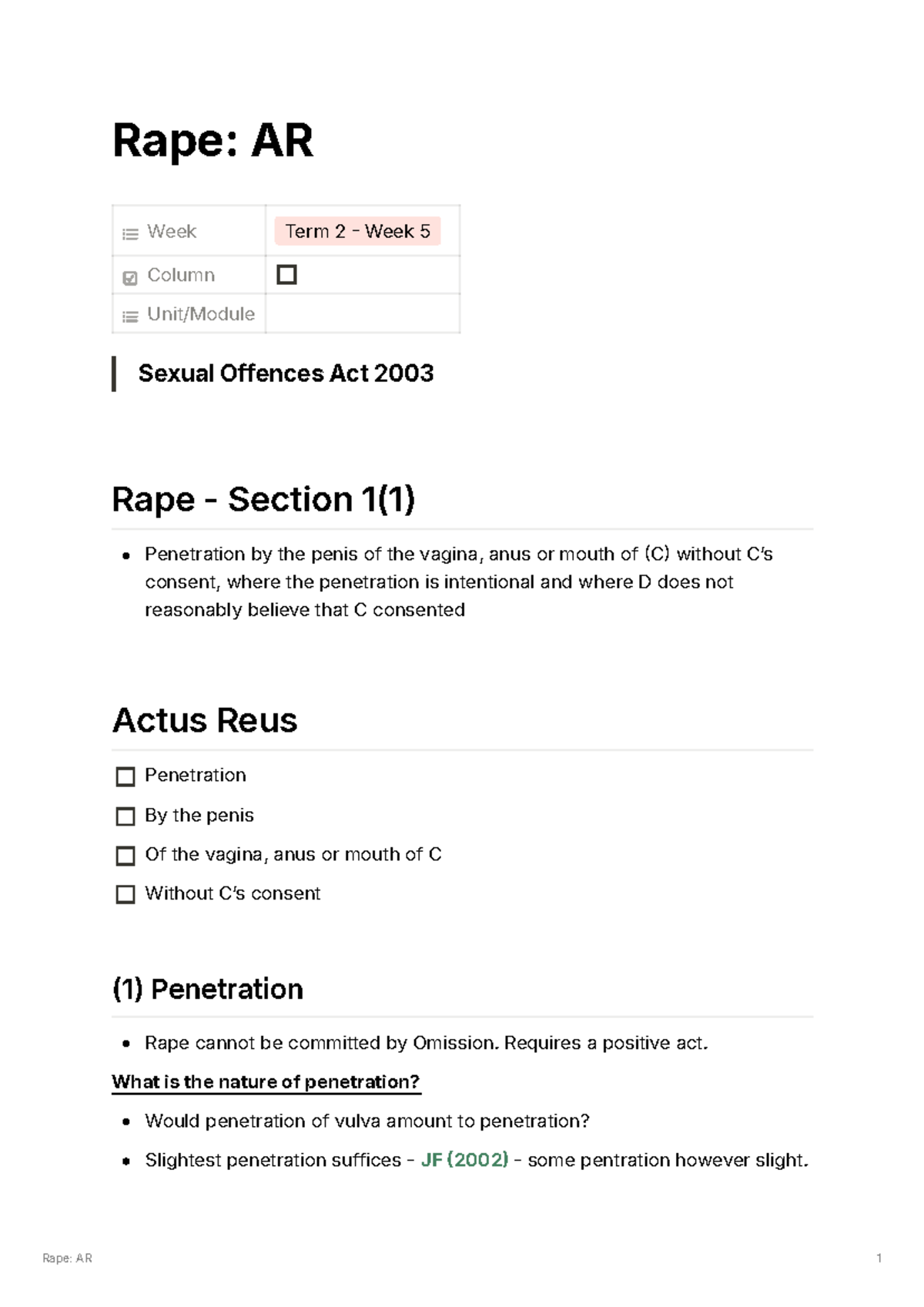 Rape (Actus Reus) Notes - Rape: AR Week Term 2 Week 5 Column Unit ...
