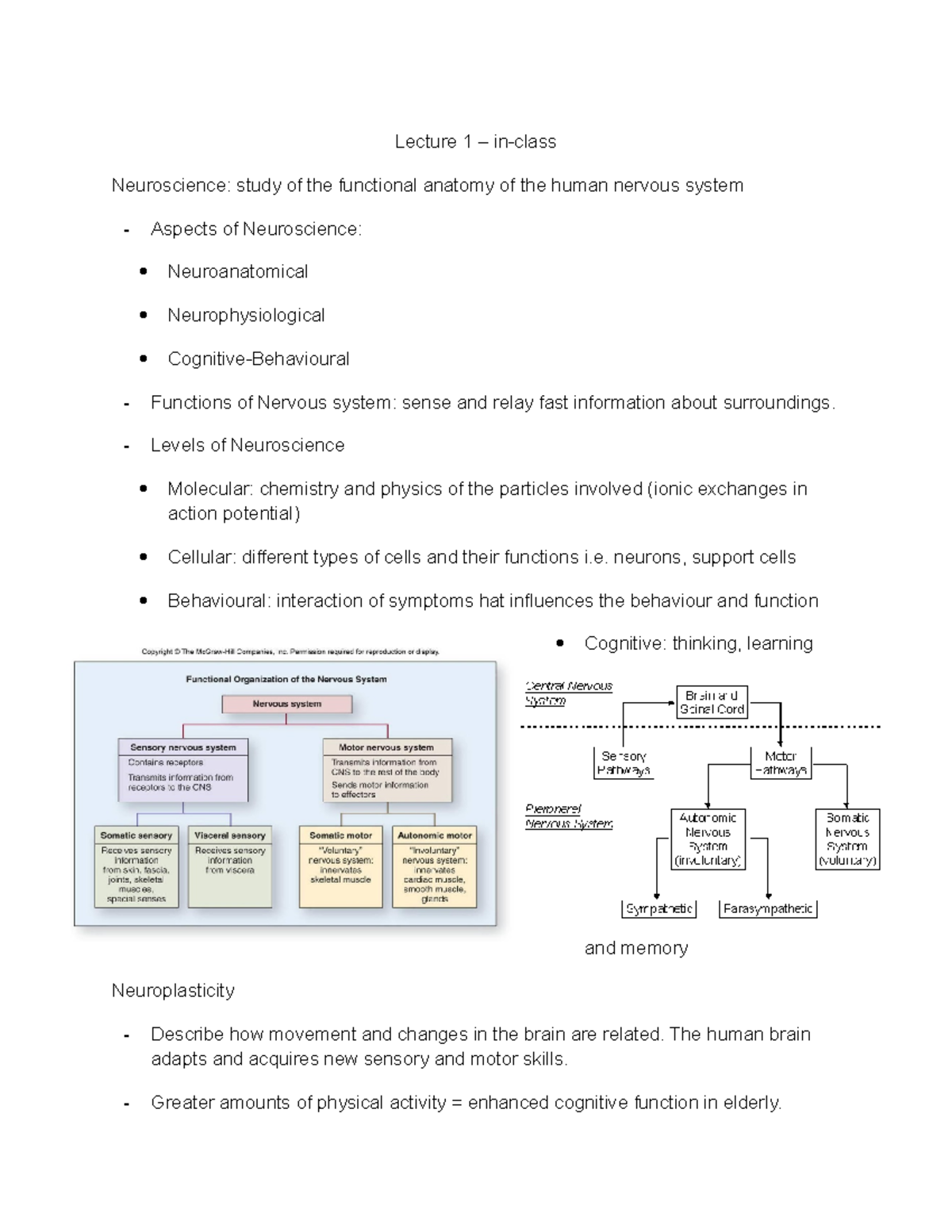 Lecture 1 - Lecture 1 Neuroscience: study of the functional anatomy of ...