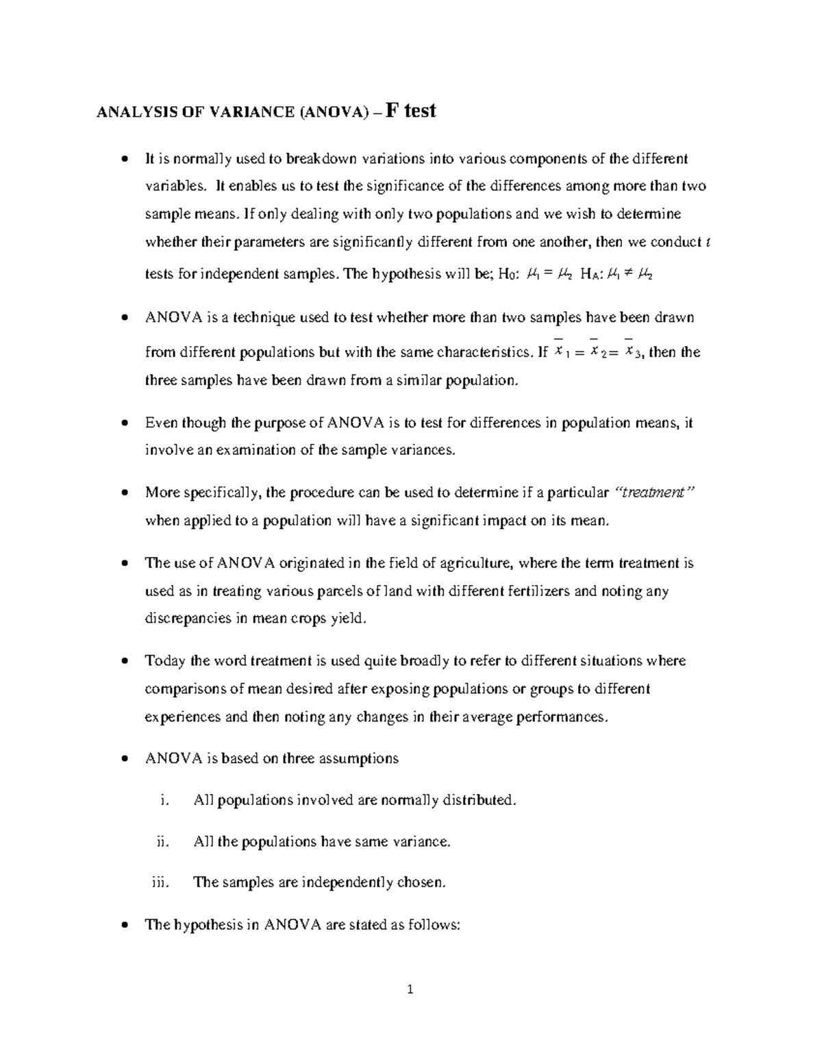 Analysis OF Variance AND Correlation - ANALYSIS OF VARIANCE (ANOVA) – F ...