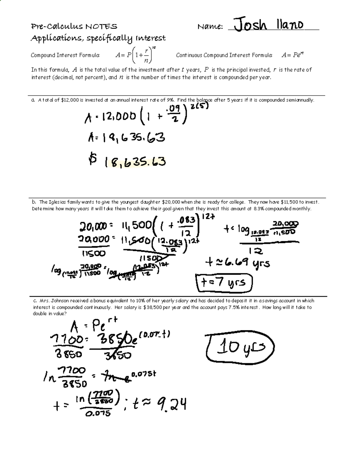 Applications Specifically Interest - Pre-Calculus NOTES Name ...